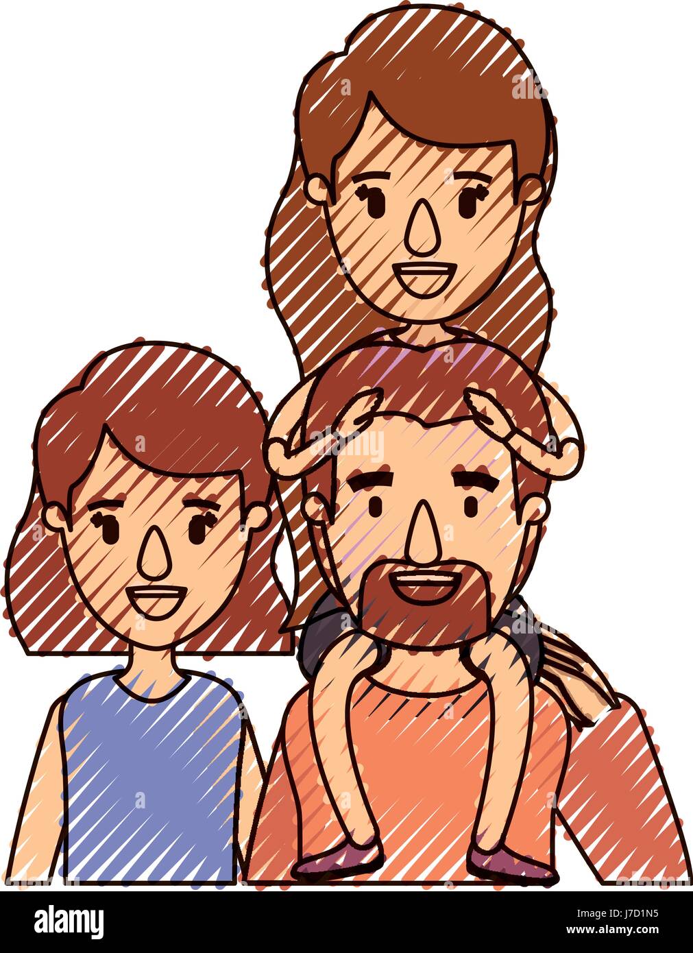 color crayon stripe caricature half body big family parents with girl ...