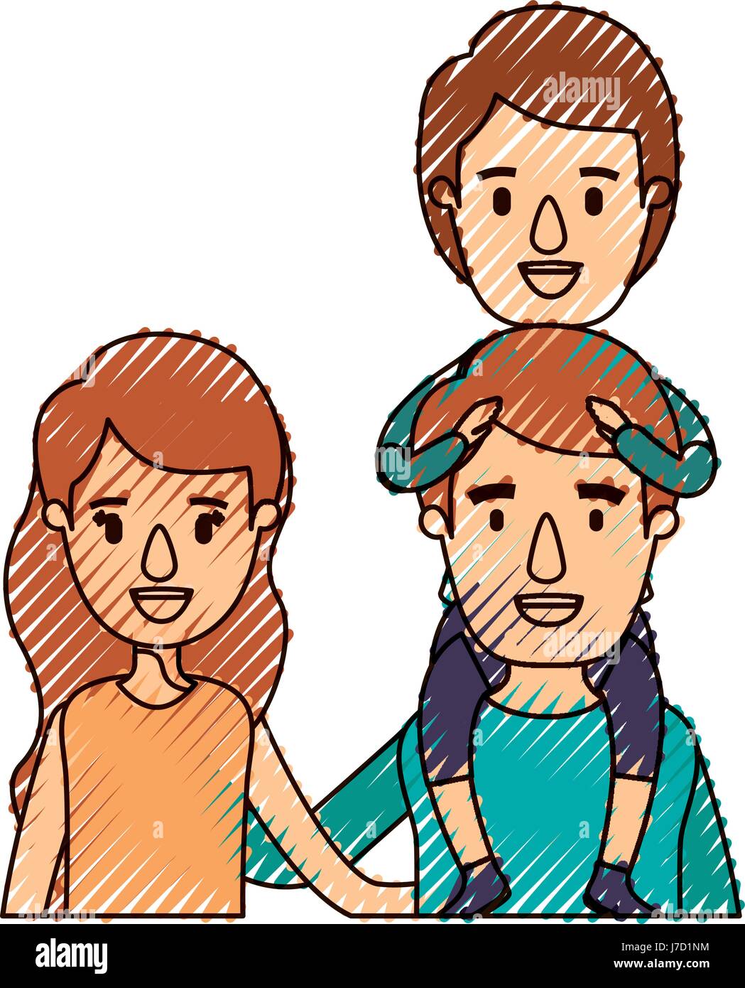 color crayon stripe caricature half body family parents with boy on his ...