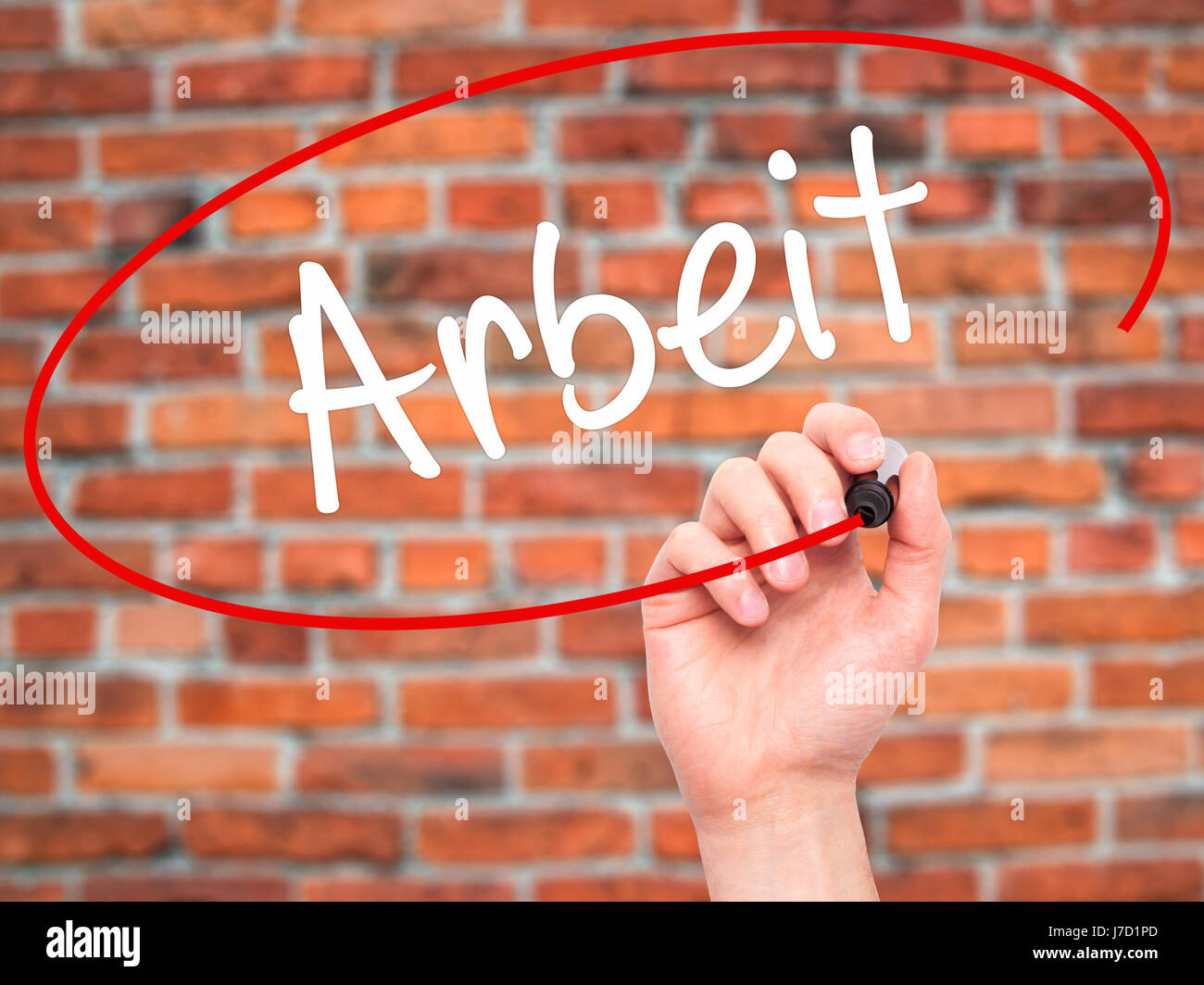 Man Hand writing Arbeit (Work in German) with black marker on visual ...