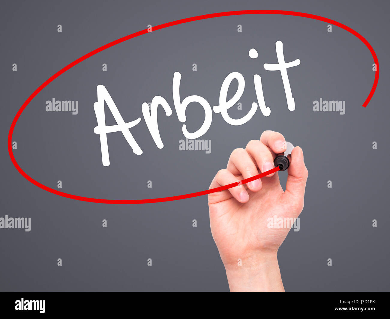 Man Hand writing Arbeit (Work in German) with black marker on visual ...