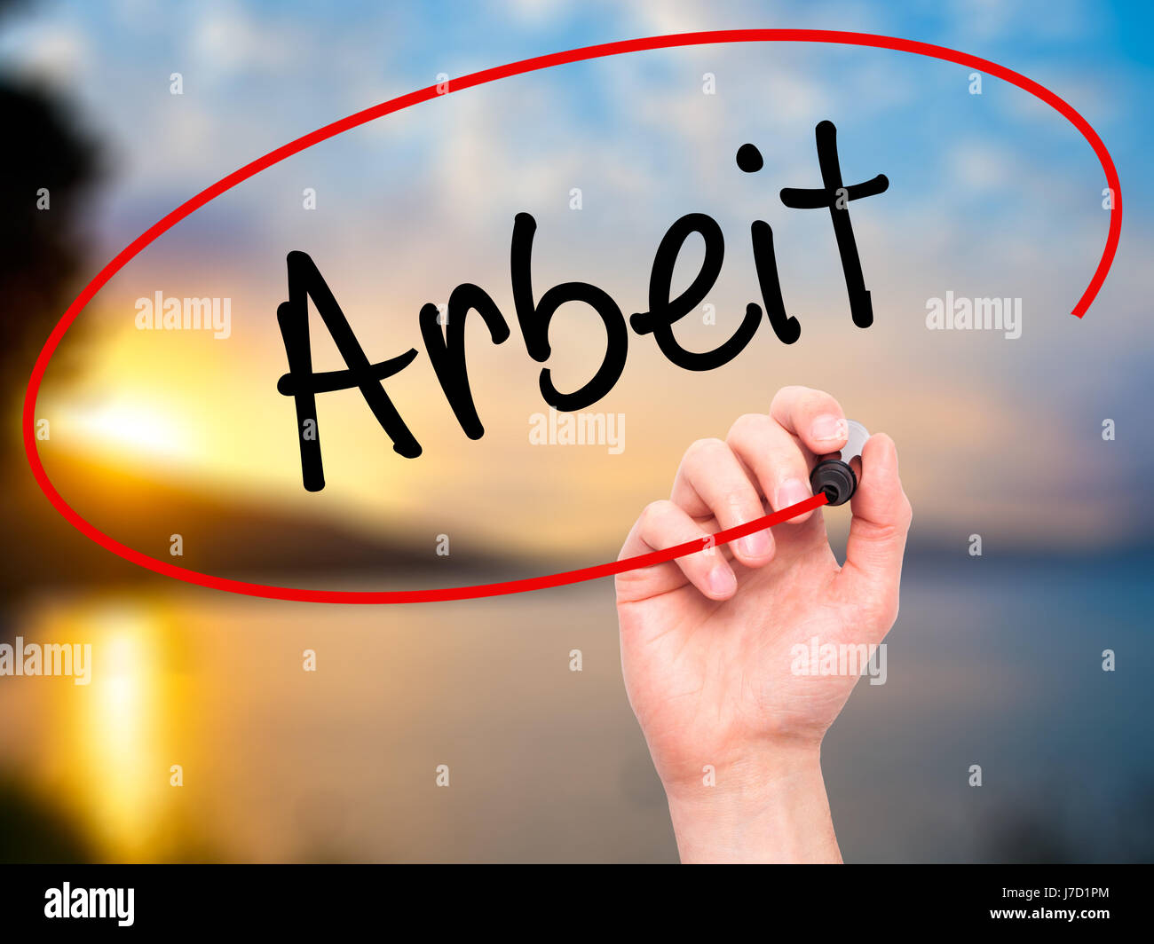 Man Hand writing Arbeit (Work in German) with black marker on visual ...