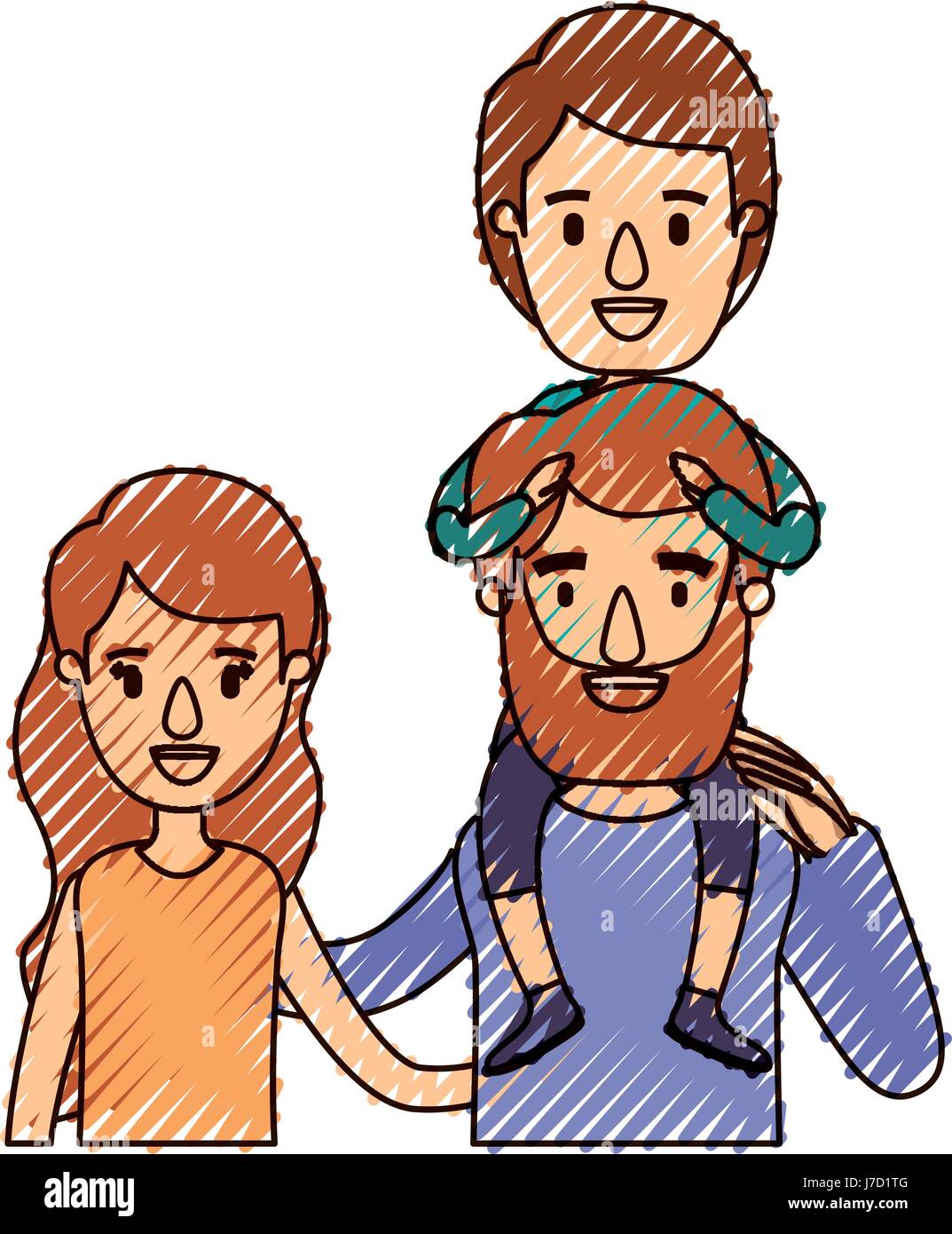 color crayon stripe caricature half body family with wavy long hair ...