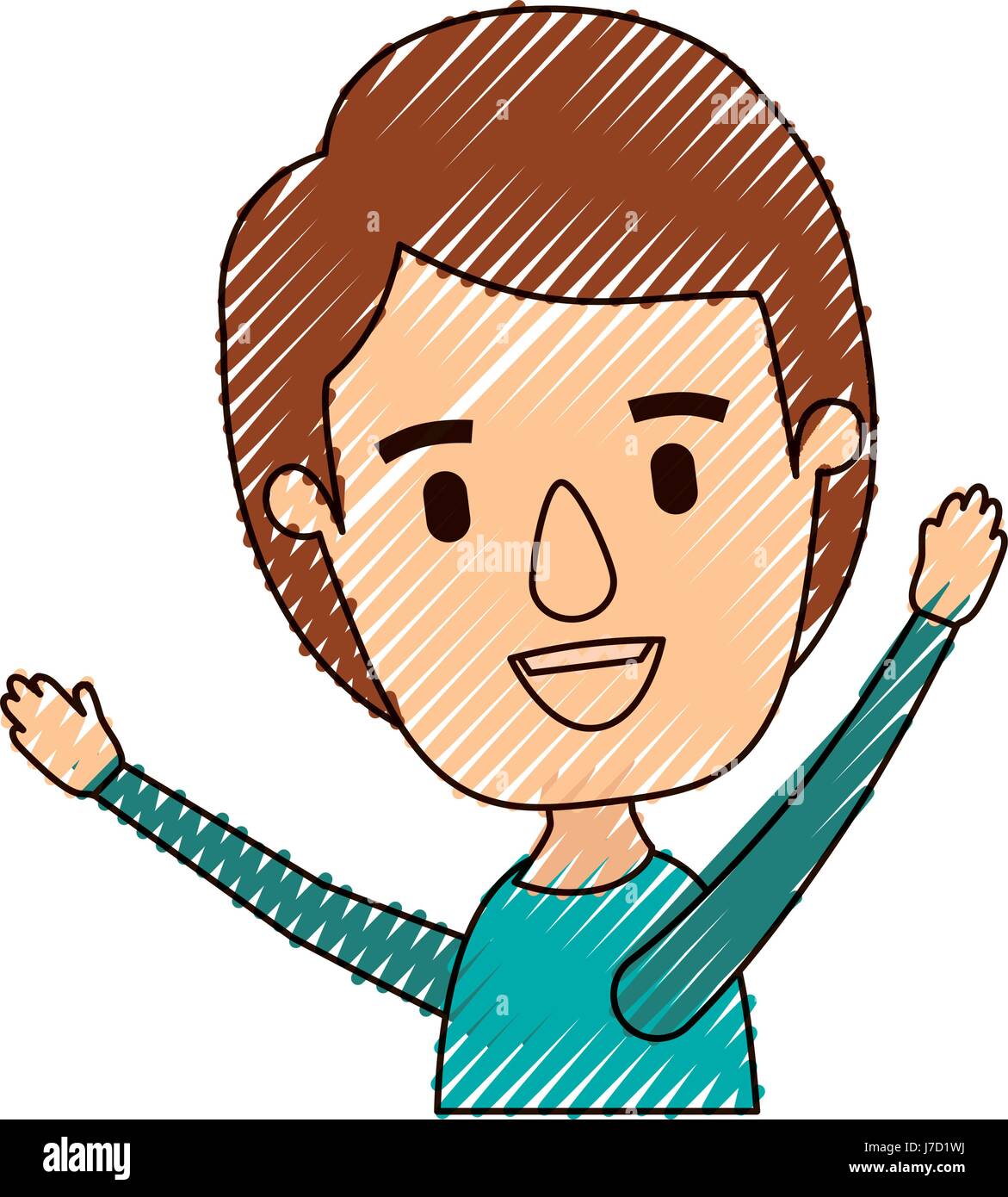 color crayon stripe caricature side view half body boy with hands up ...