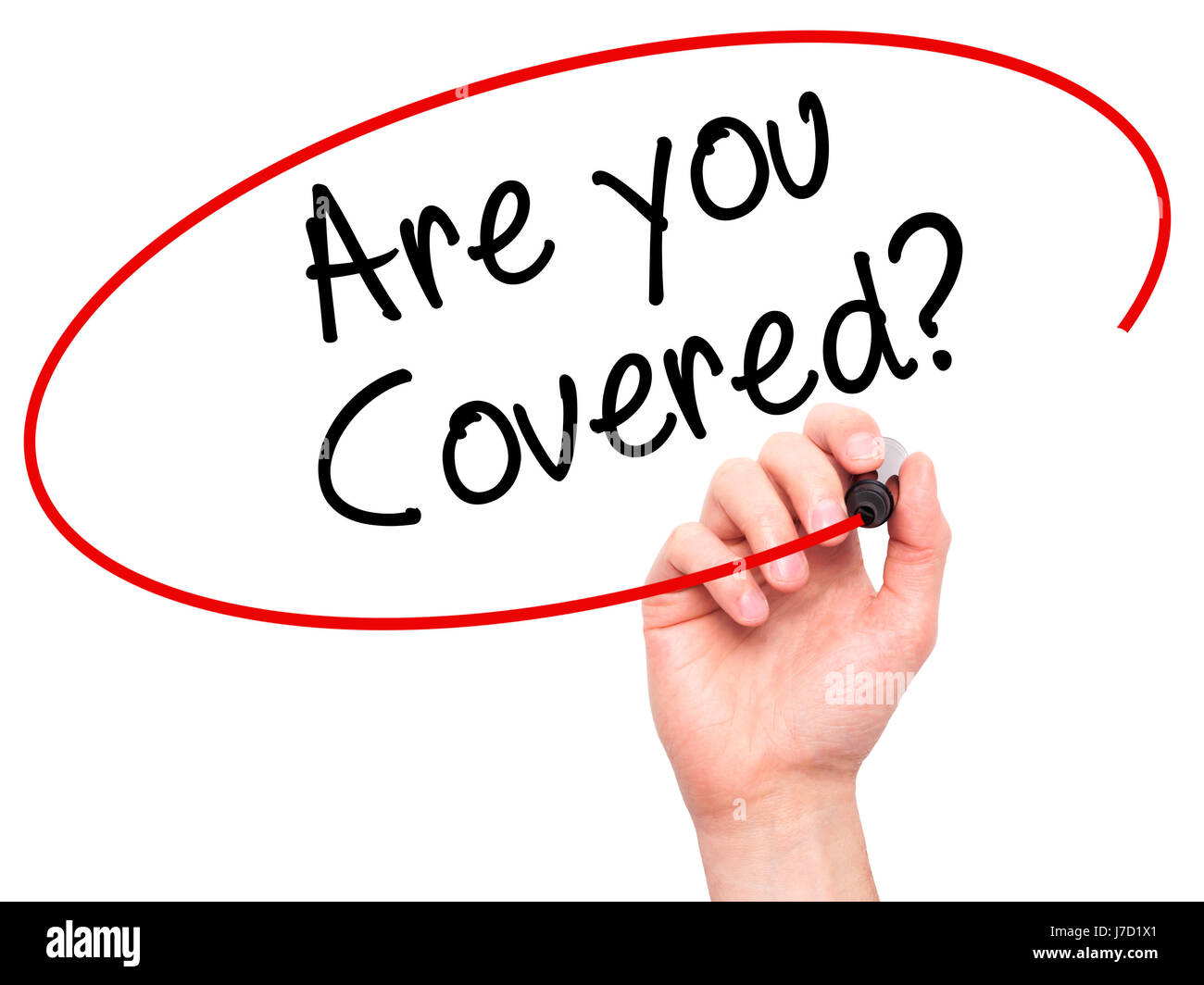 Man Hand writing Are you Covered? with black marker on visual screen ...