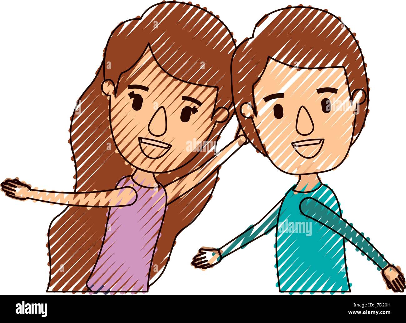 color crayon stripe caricature side view half body couple children ...