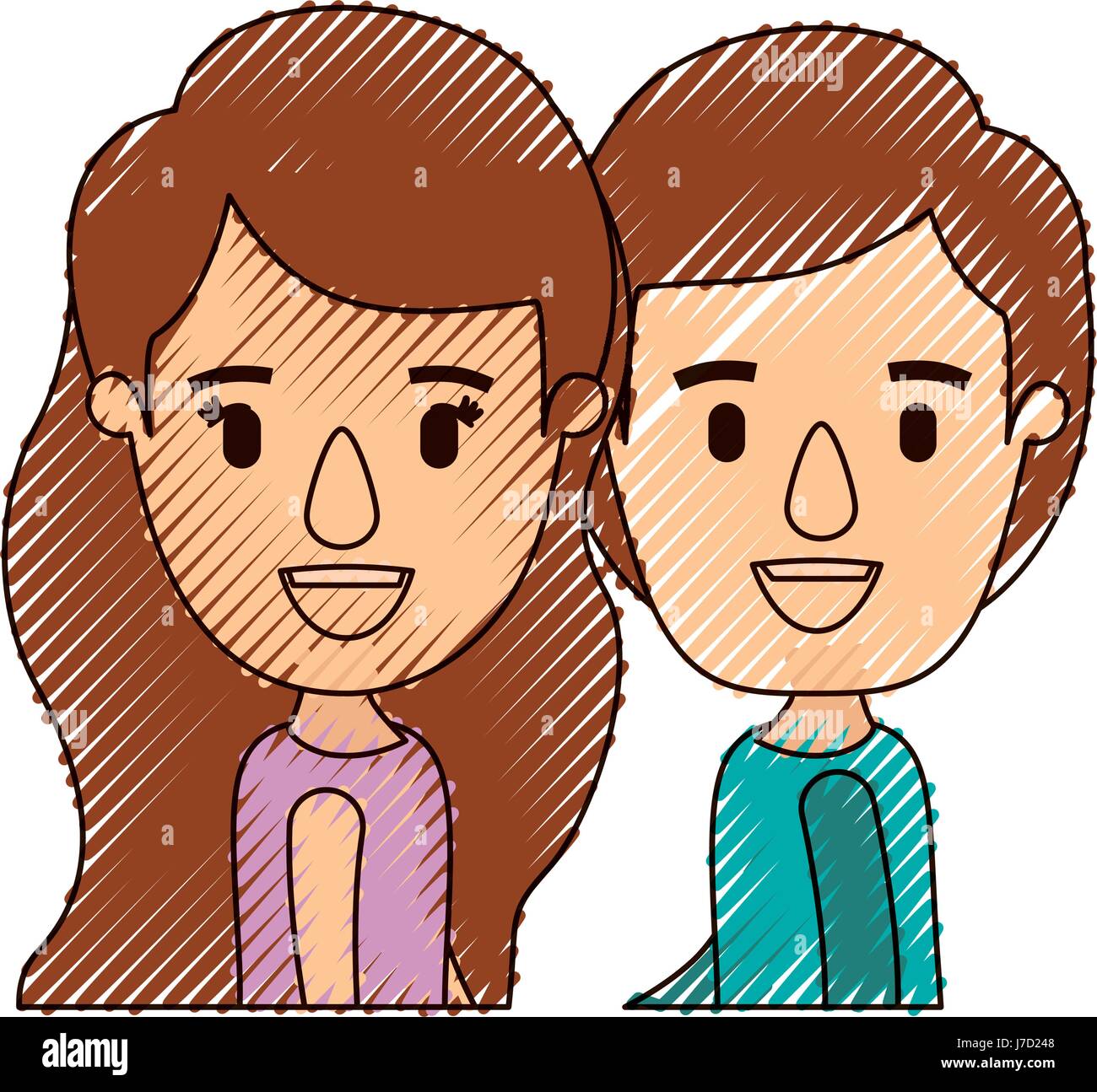 color crayon stripe caricature side view half body couple children ...