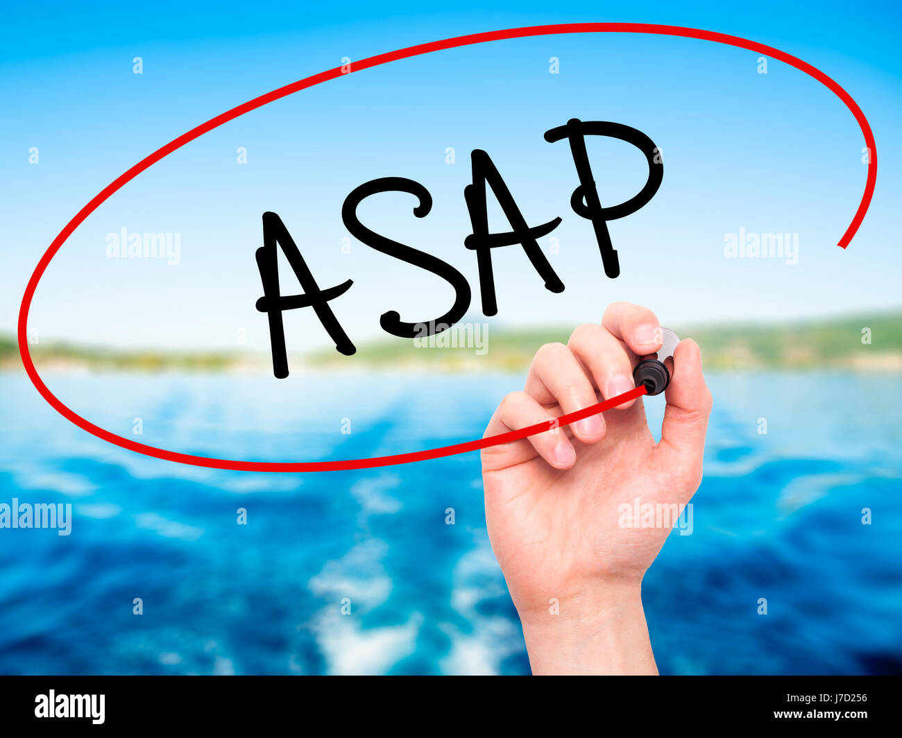 Man Hand writing ASAP with black marker on visual screen. Isolated on ...