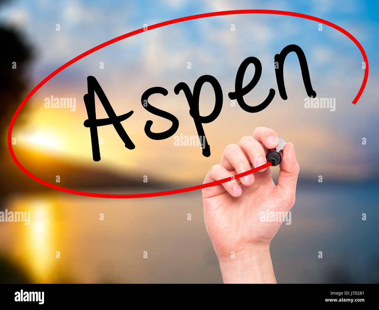 Man Hand writing Aspen with black marker on visual screen. Isolated on ...