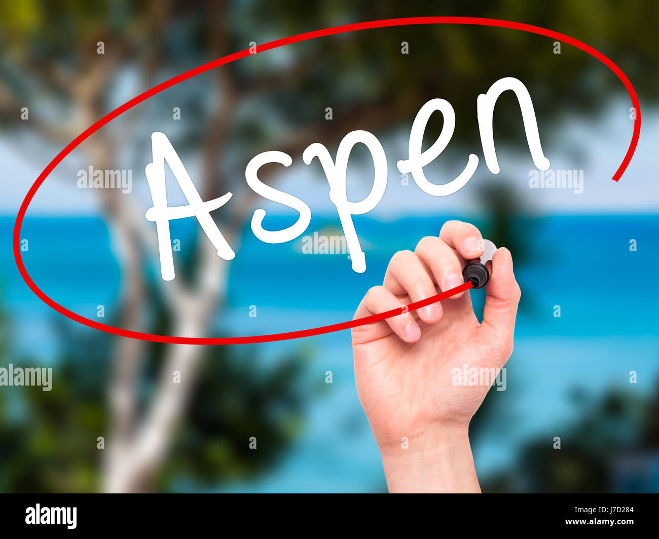 Man Hand writing Aspen with black marker on visual screen. Isolated on ...