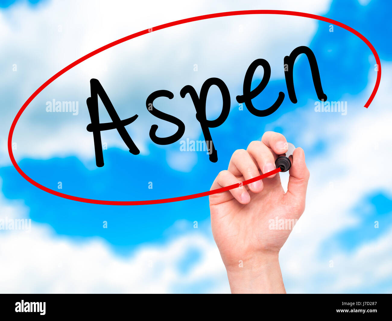 Man Hand writing Aspen with black marker on visual screen. Isolated on ...