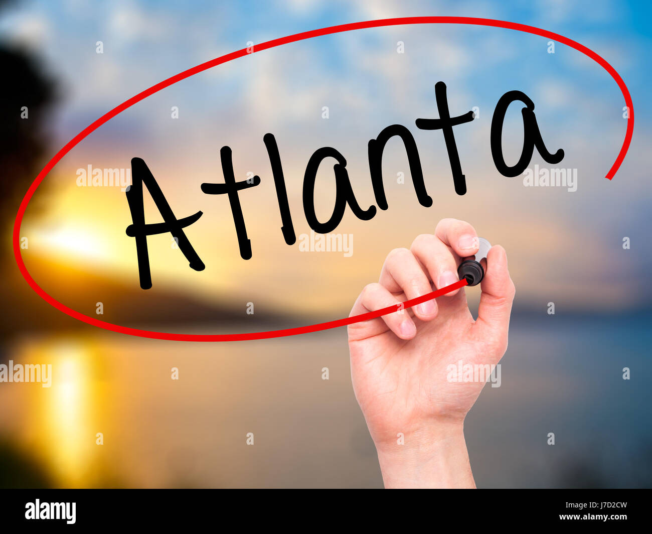 Man Hand writing Atlanta with black marker on visual screen. Isolated ...