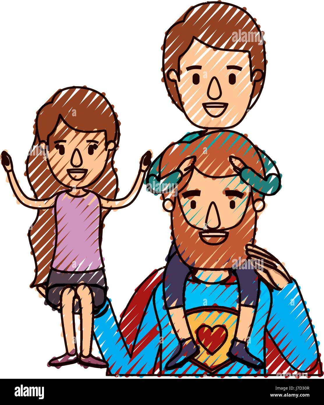 color crayon stripe caricature half body super dad hero with girl on ...