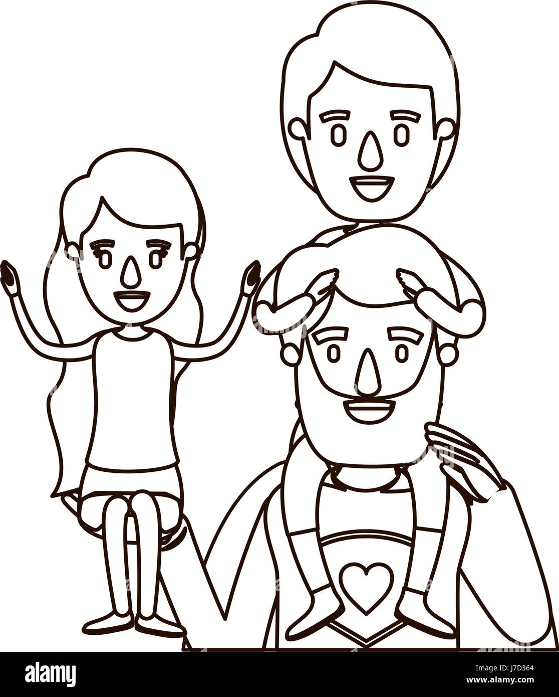 sketch contour half body super dad hero with girl on his hand and boy ...