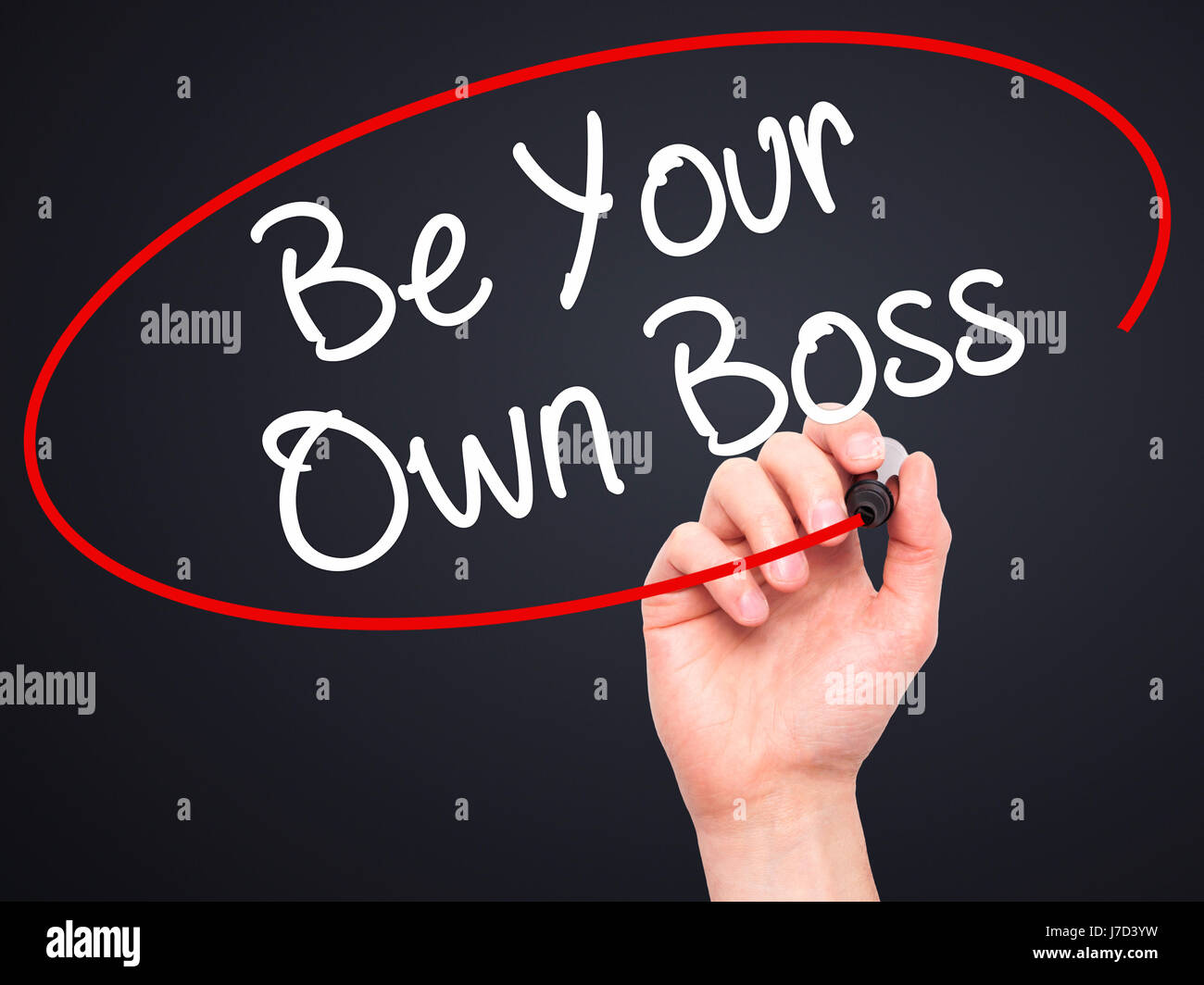 Man Hand writing Be Your Own Boss with black marker on visual screen ...
