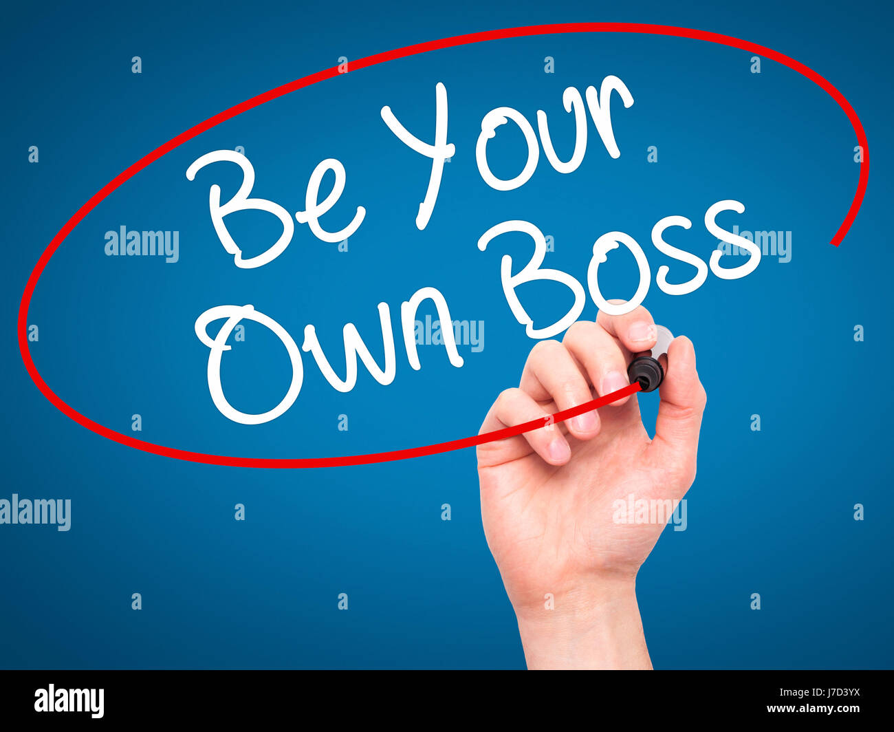 Man Hand writing Be Your Own Boss with black marker on visual screen ...