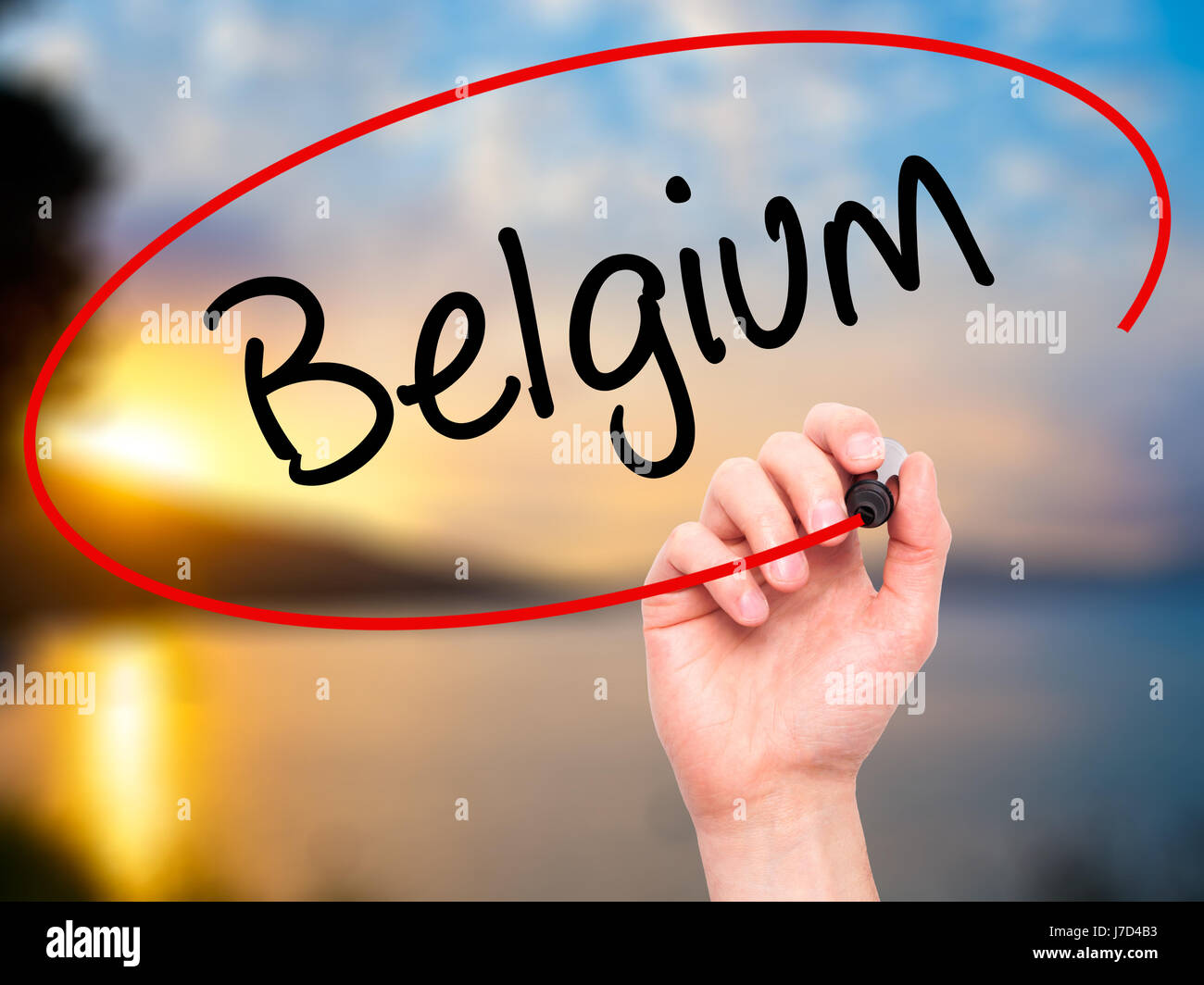 Man Hand writing Belgium with black marker on visual screen. Isolated ...