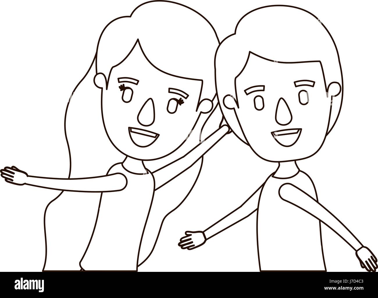 sketch contour caricature side view half body couple children dancing ...