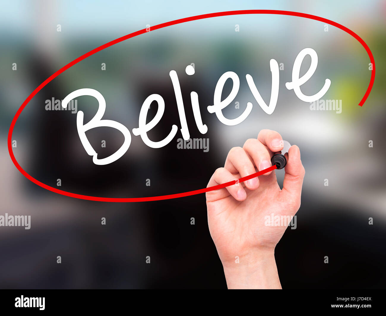 Man Hand writing Believe with black marker on visual screen. Isolated ...