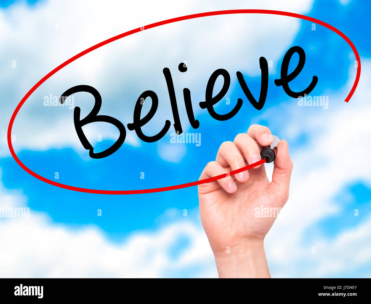 Man Hand writing Believe with black marker on visual screen. Isolated ...