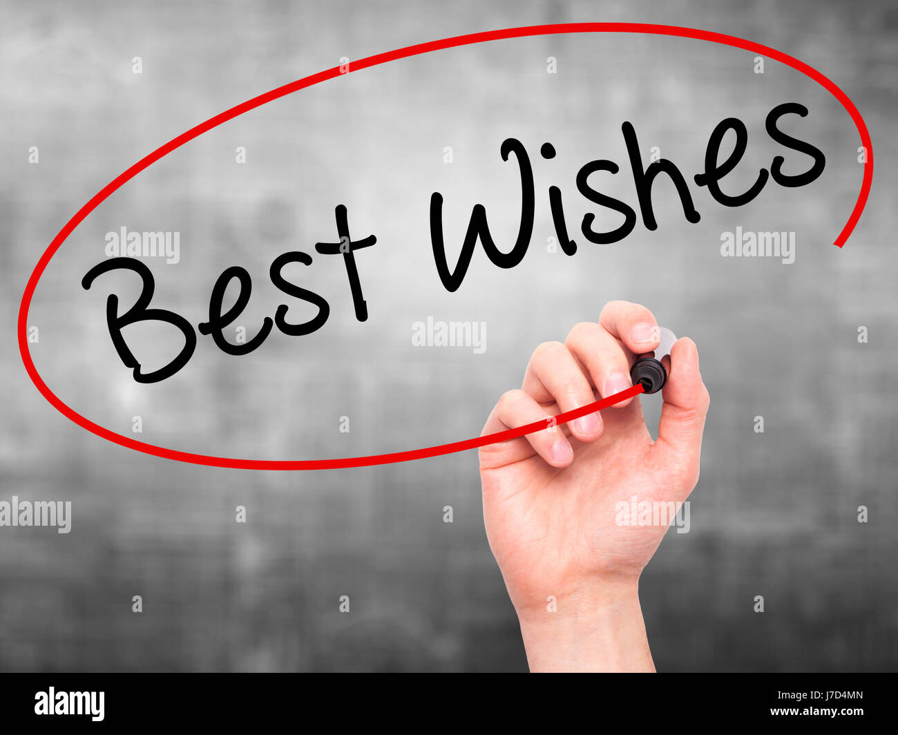 Man Hand writing Best Wishes with black marker on visual screen ...