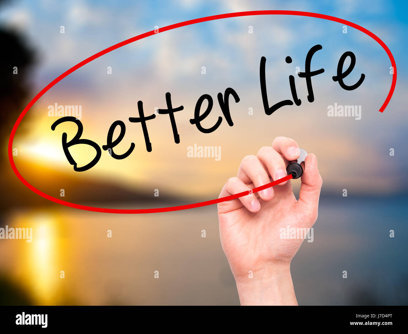 Man Hand writing Better Life with black marker on visual screen ...