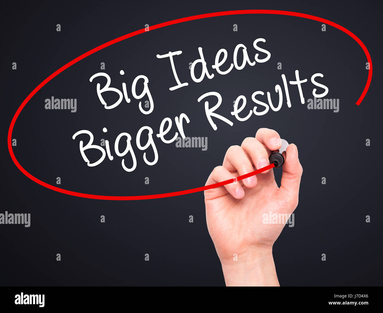 Man Hand writing Big Ideas Bigger Results with black marker on visual ...