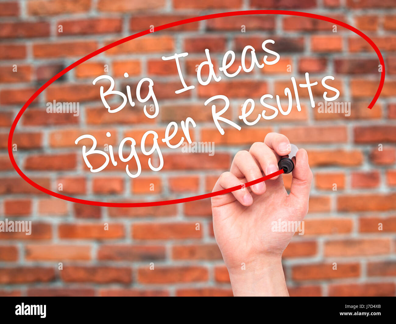 Man Hand writing Big Ideas Bigger Results with black marker on visual ...