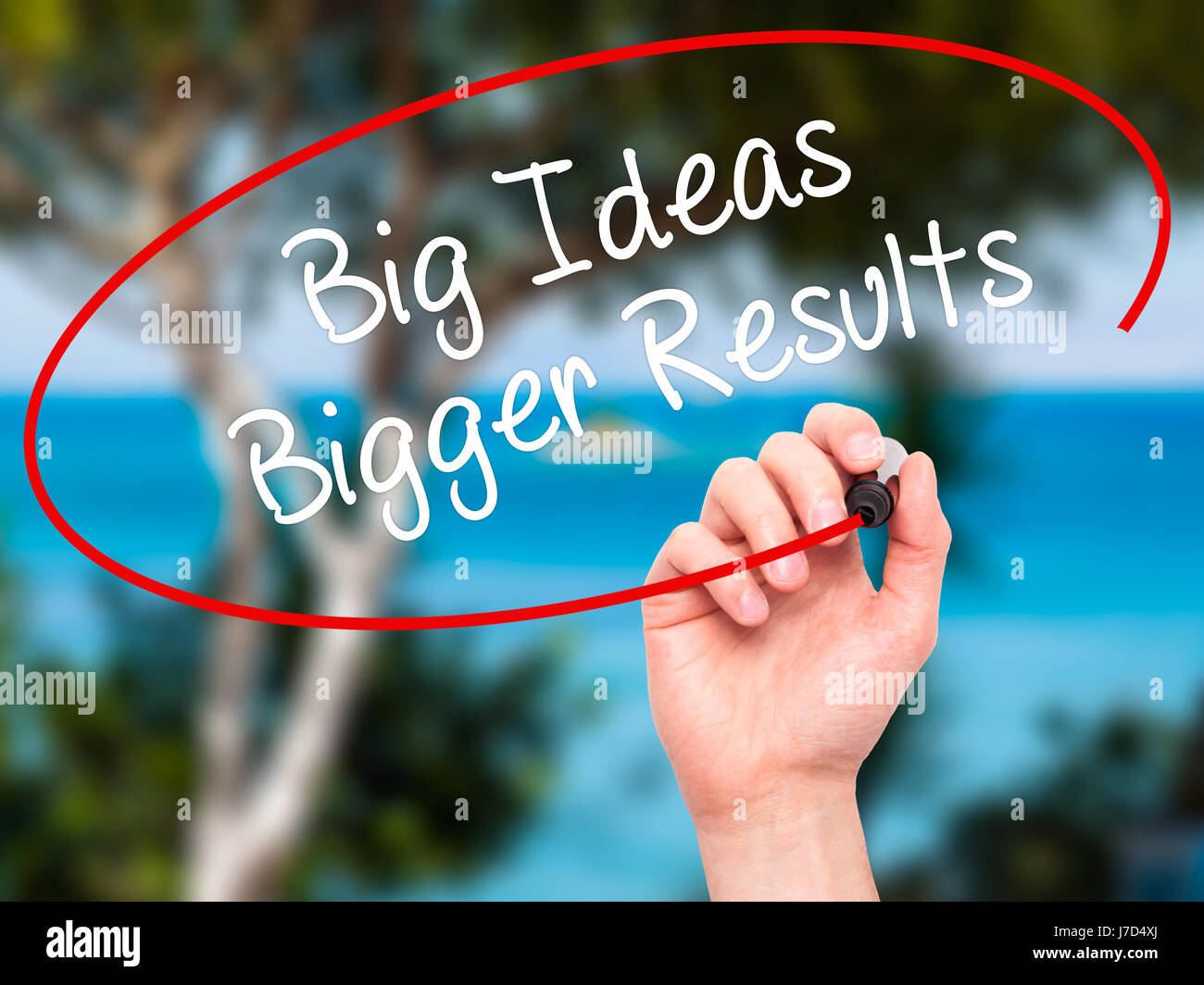 Man Hand writing Big Ideas Bigger Results with black marker on visual ...