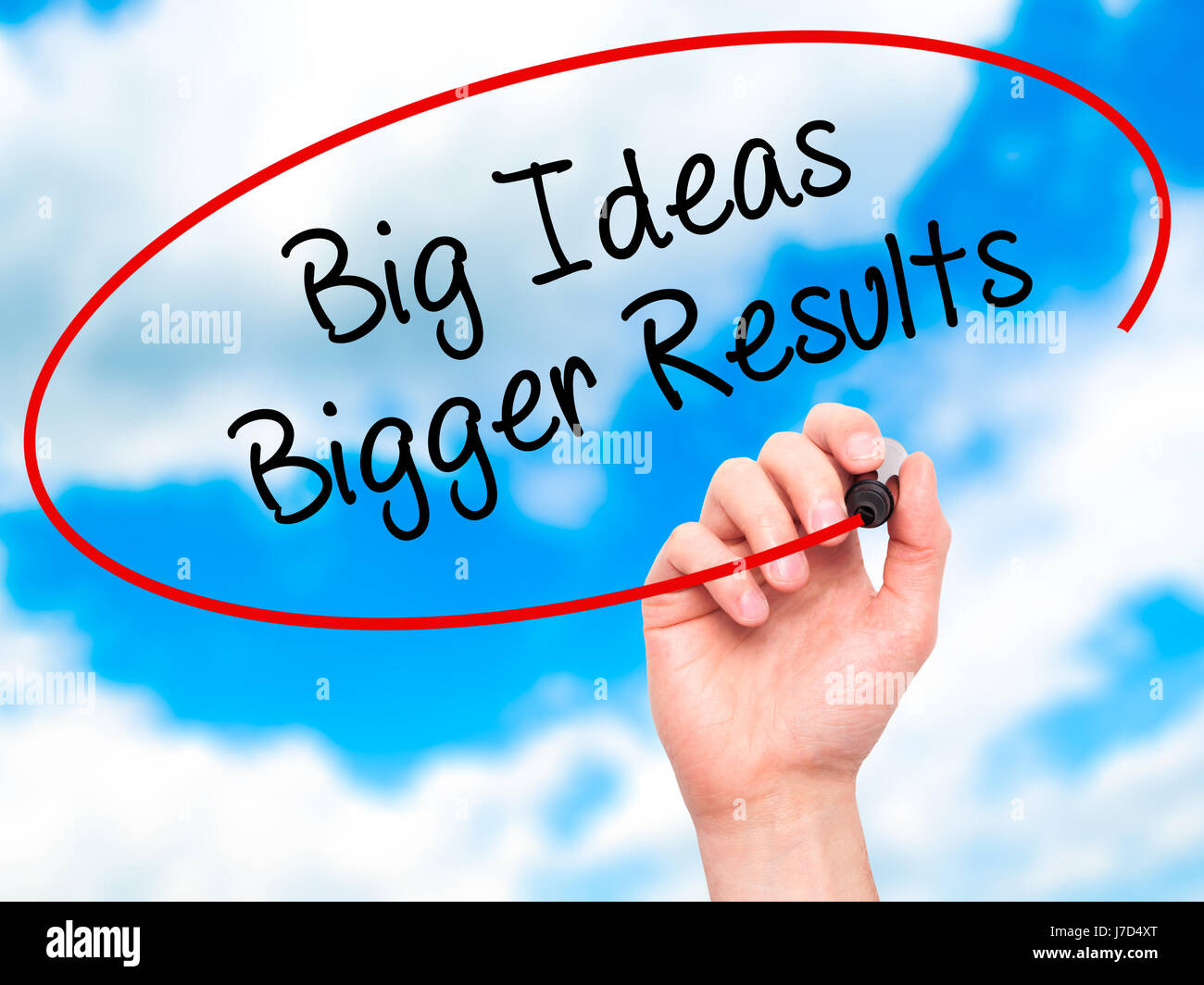 Man Hand writing Big Ideas Bigger Results with black marker on visual ...