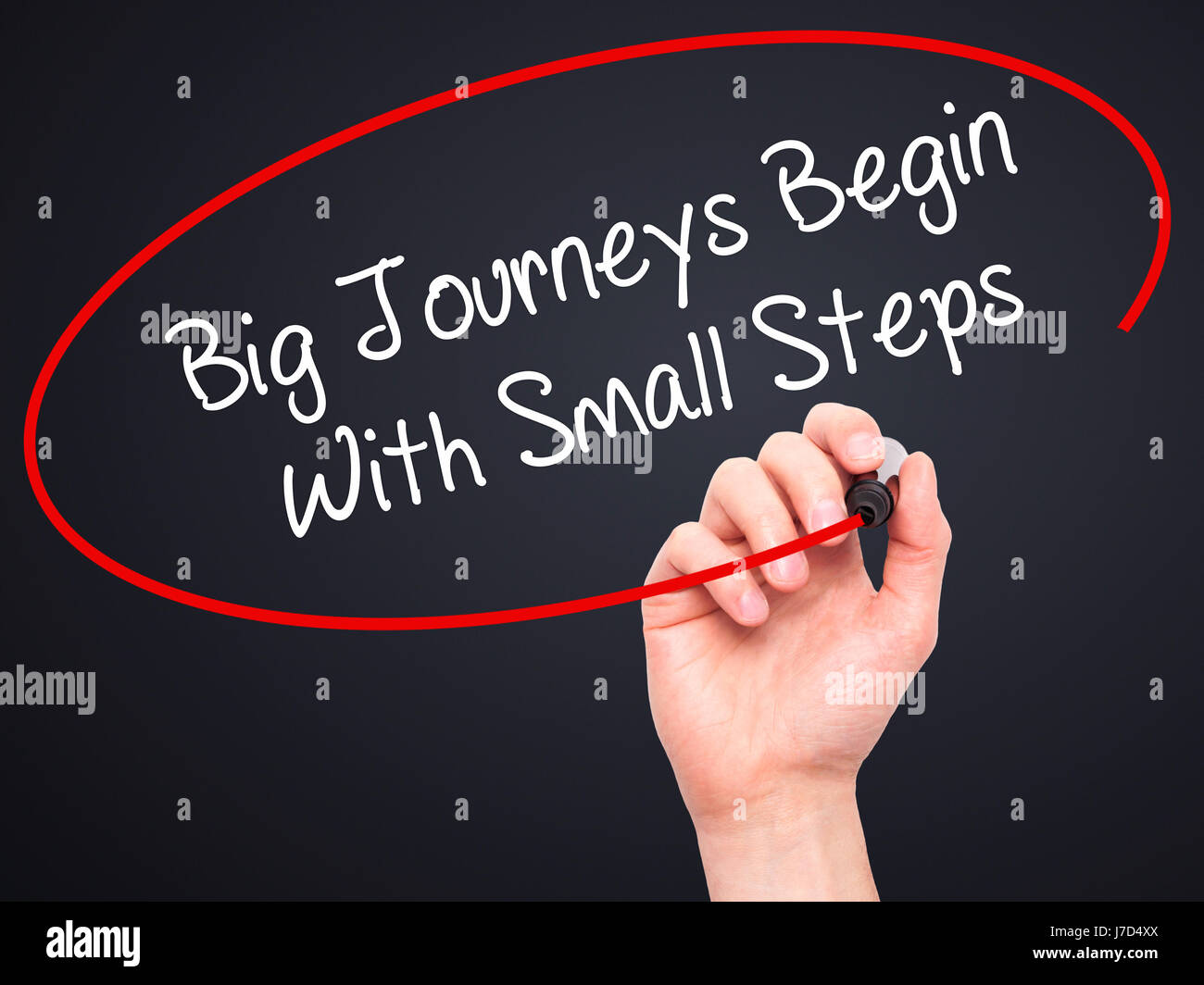 Man Hand writing Big Journeys Begin With Small Steps with black marker ...