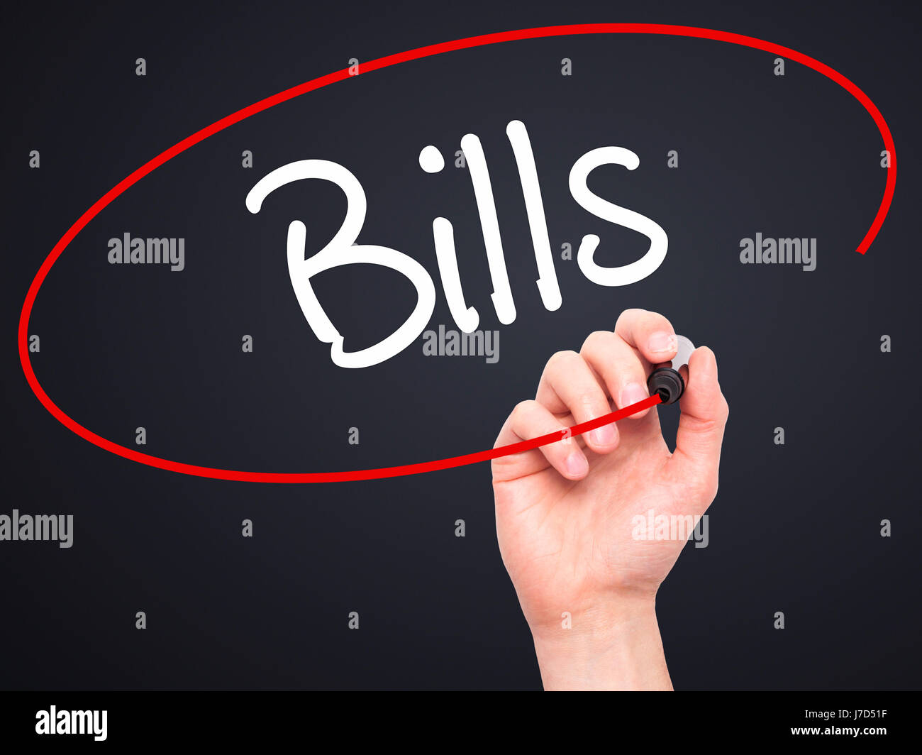 Man Hand writing Bills with black marker on visual screen. Isolated on ...