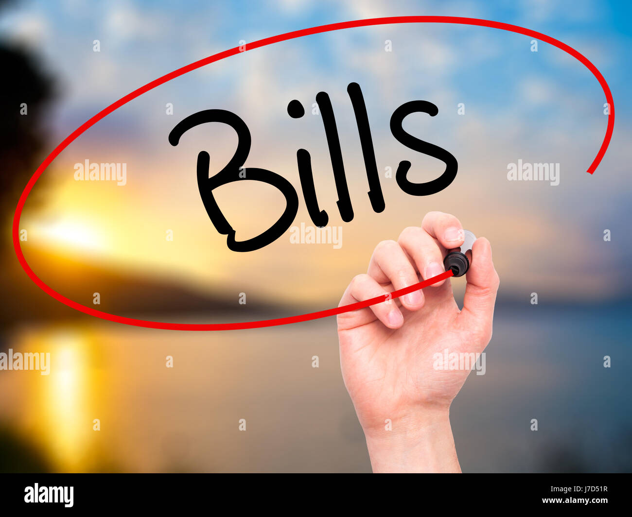 Man Hand writing Bills with black marker on visual screen. Isolated on ...
