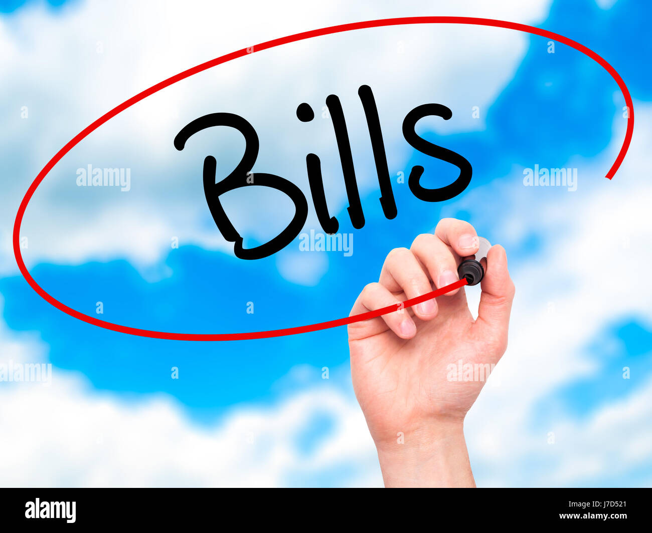Man Hand writing Bills with black marker on visual screen. Isolated on ...
