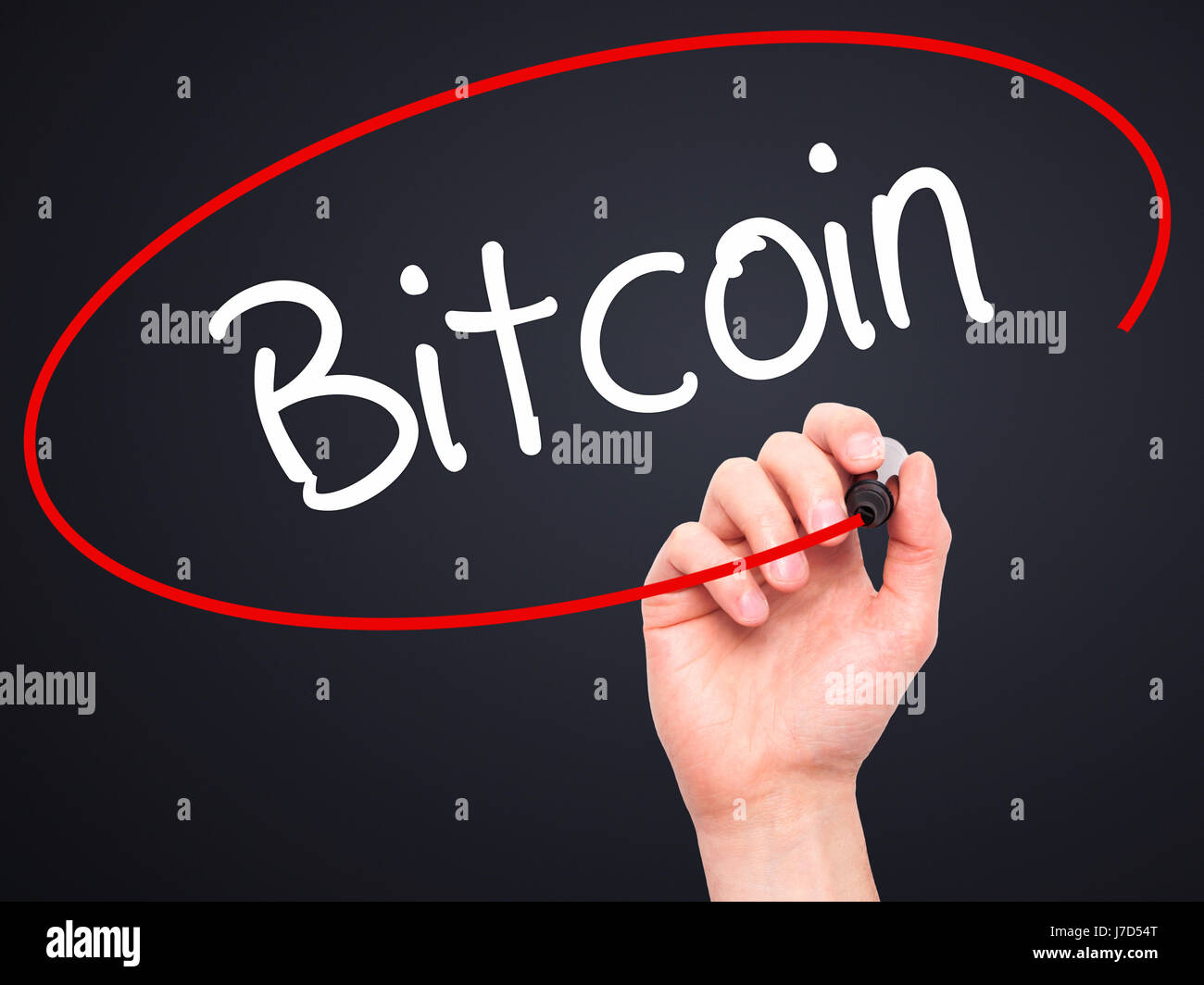 Man Hand writing Bitcoin with black marker on visual screen. Isolated ...
