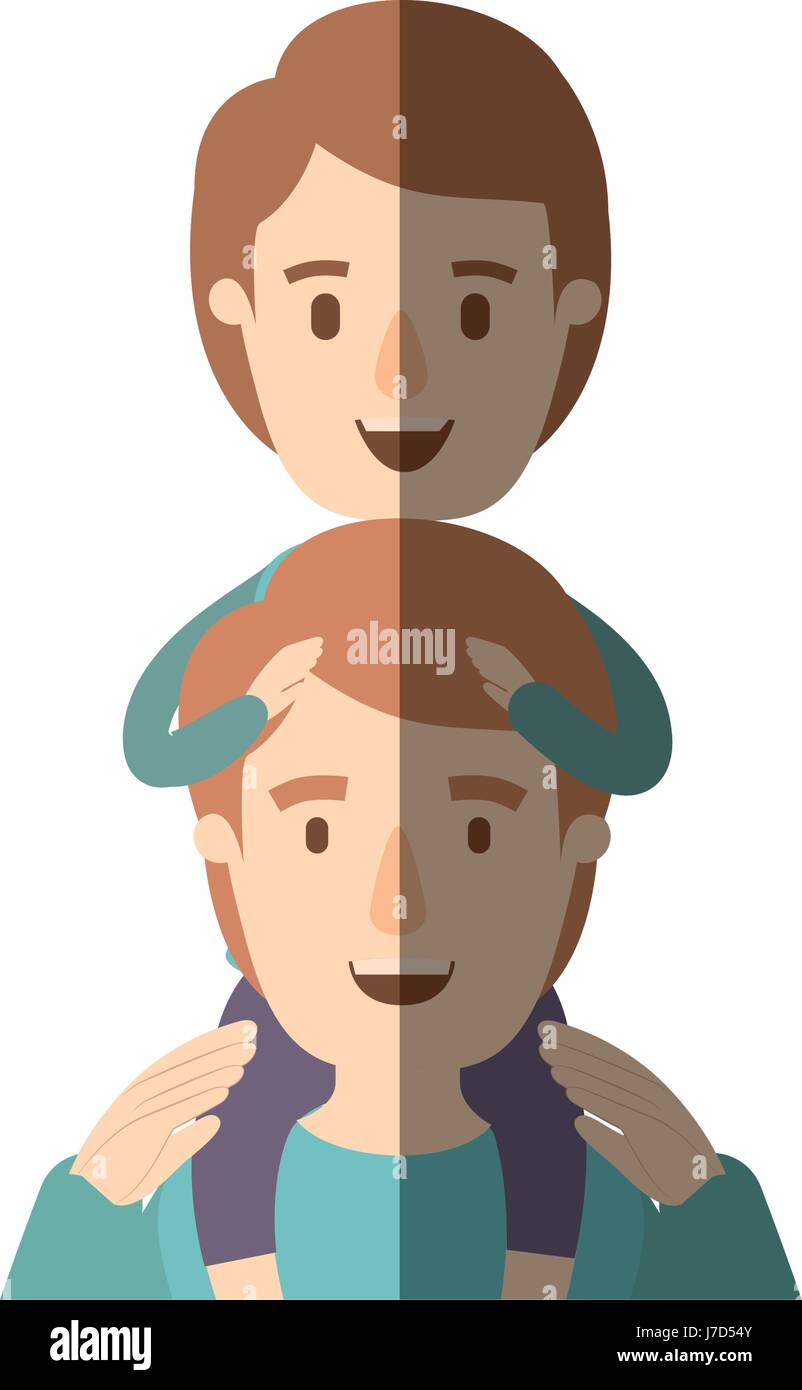 light color shading caricature half body young father with boy on his ...