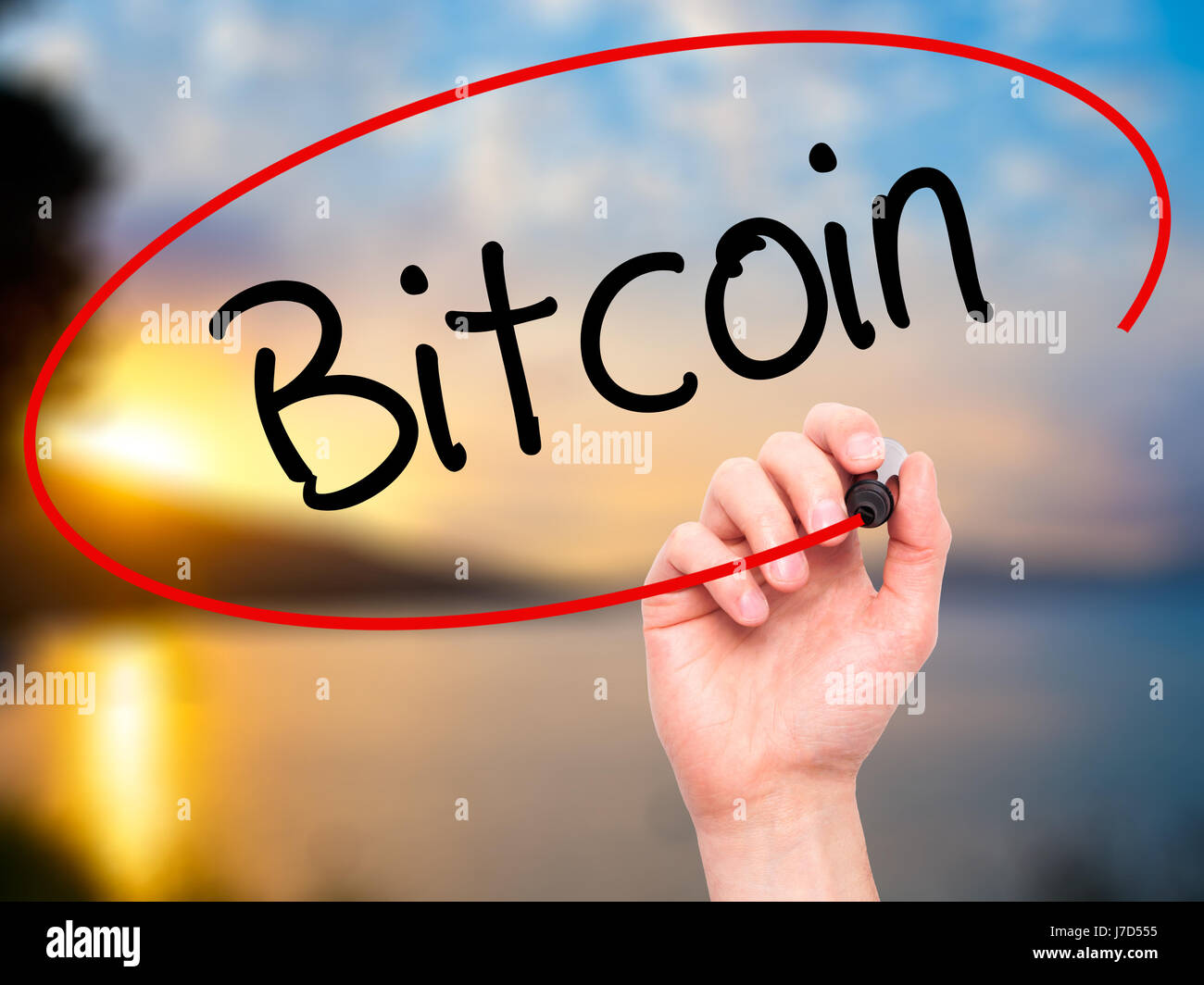 Man Hand writing Bitcoin with black marker on visual screen. Isolated ...