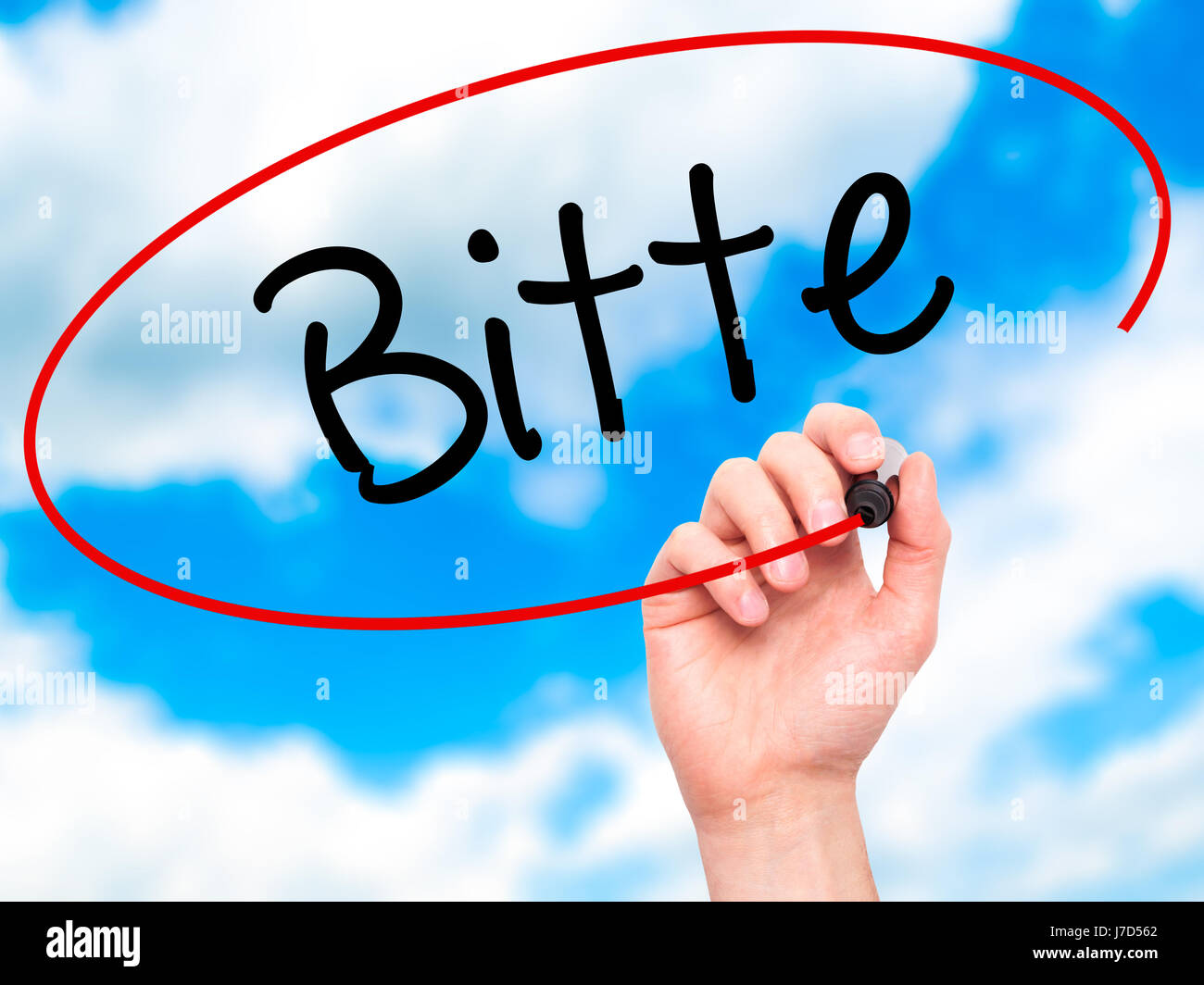 Man Hand writing Bitte (Please in German) with black marker on visual ...