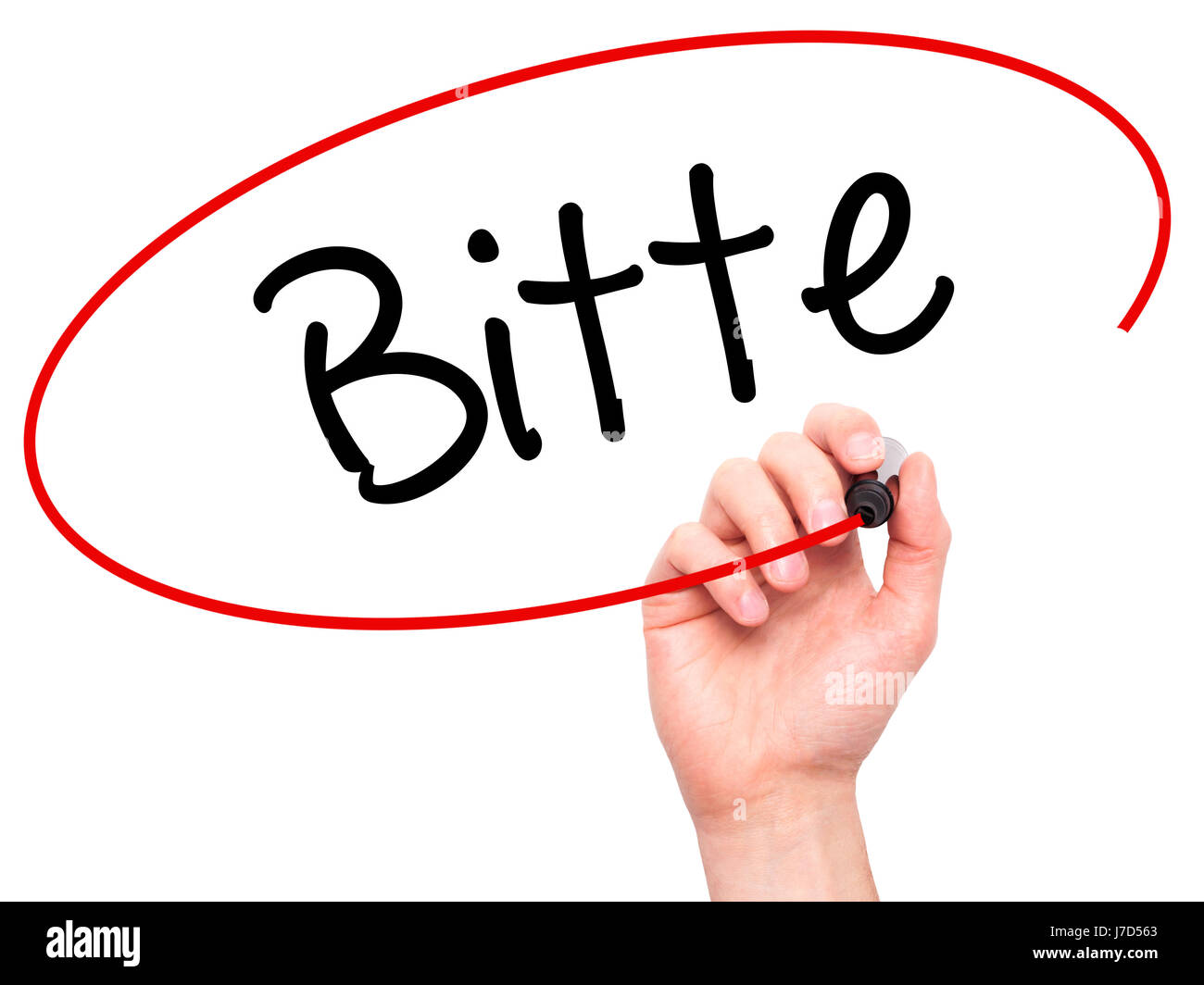 Man Hand writing Bitte (Please in German) with black marker on visual ...