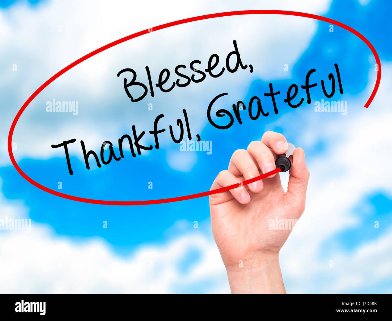 Man Hand writing Blessed Thankful Grateful with black marker on visual ...