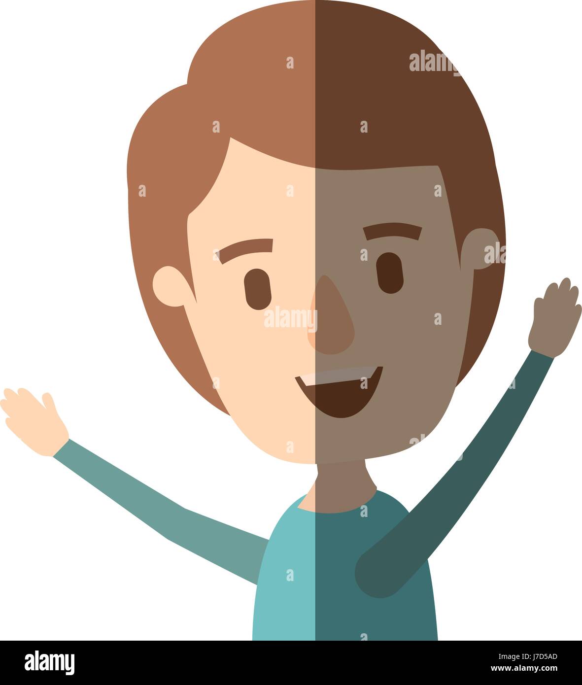 light color shading caricature side view half body boy with hands up ...