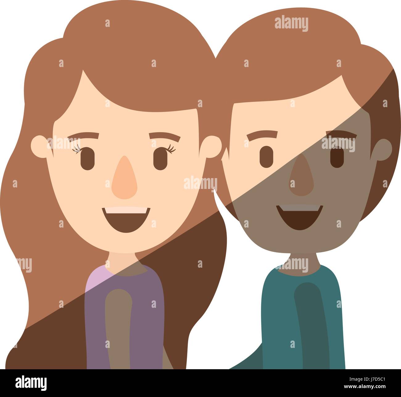 light color shading caricature side view half body couple children ...