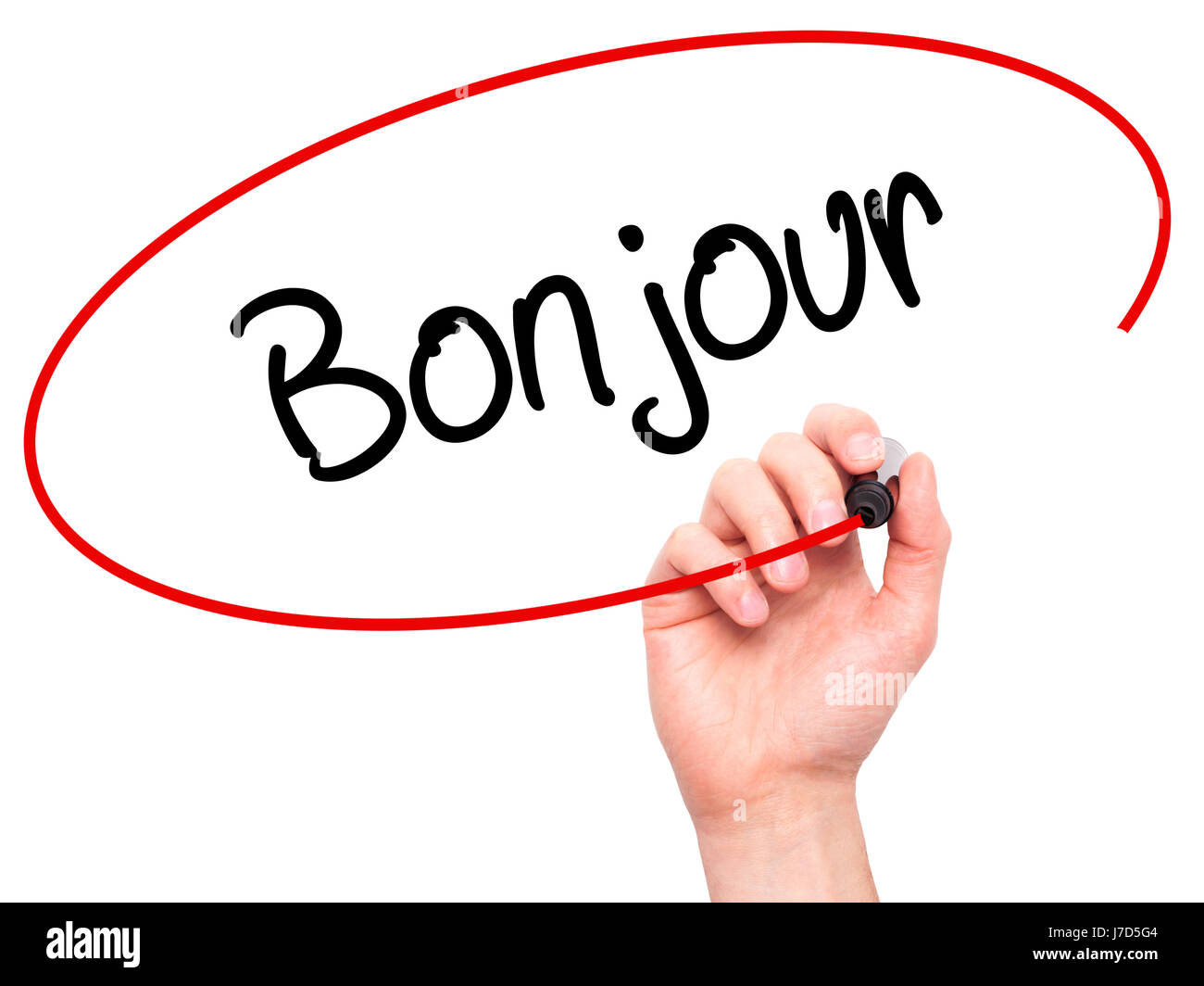 Man Hand writing Bonjour (Good Morning in French) with black marker on ...