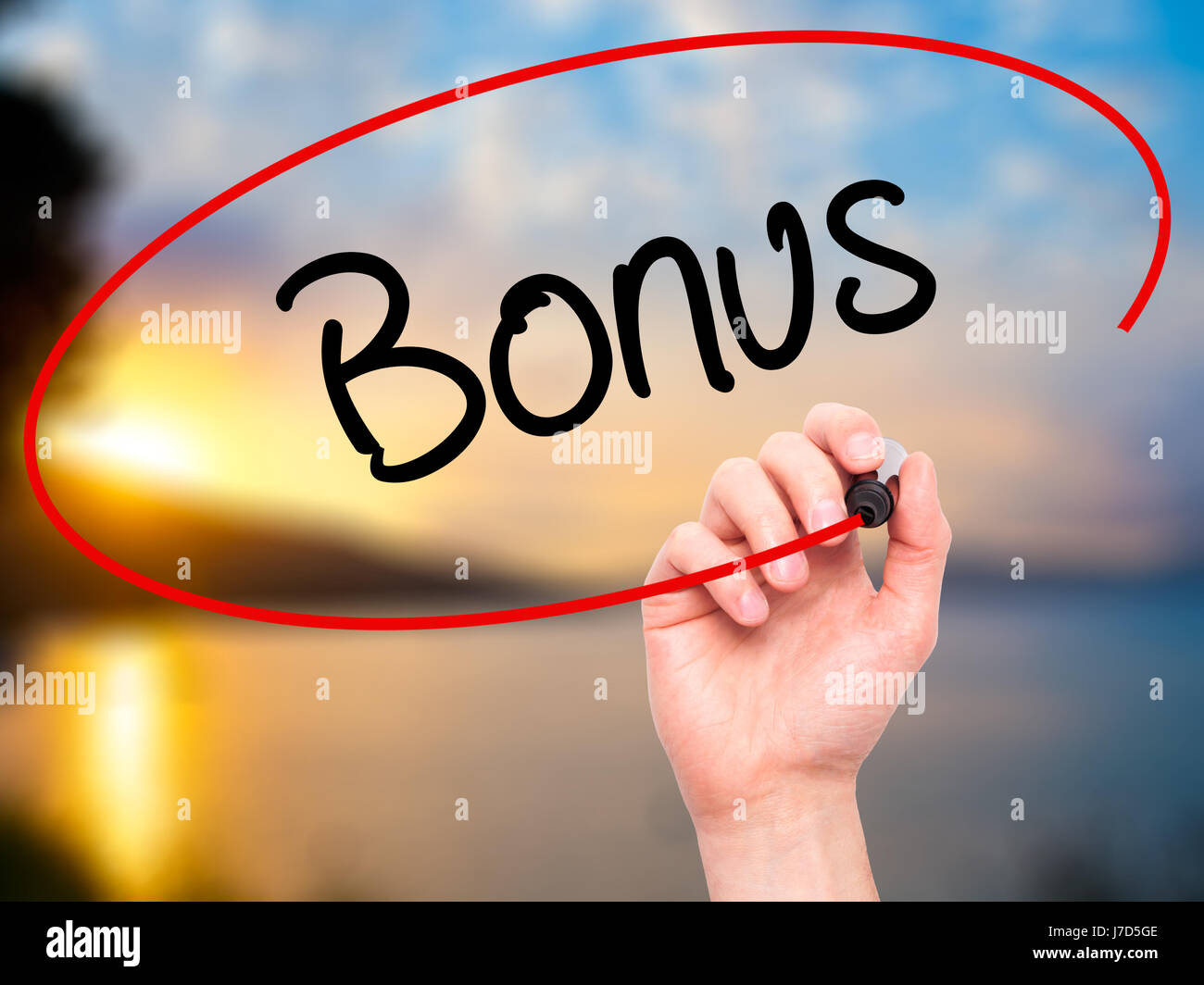 Man Hand writing Bonus with black marker on visual screen. Isolated on ...