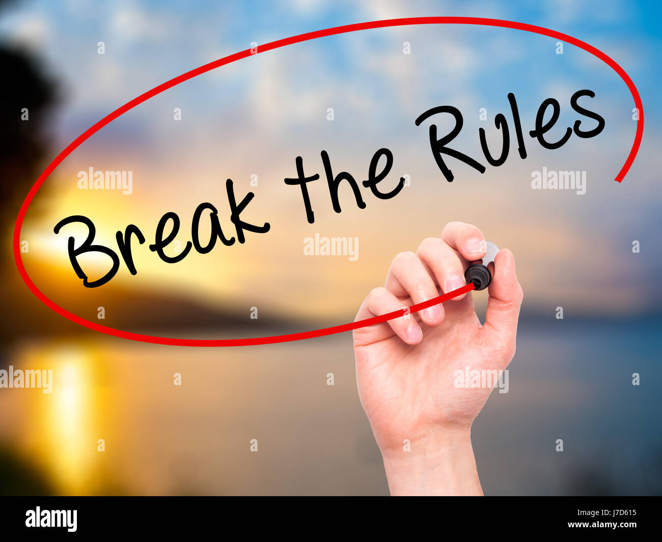 Man Hand writing Break the Rules with black marker on visual screen ...