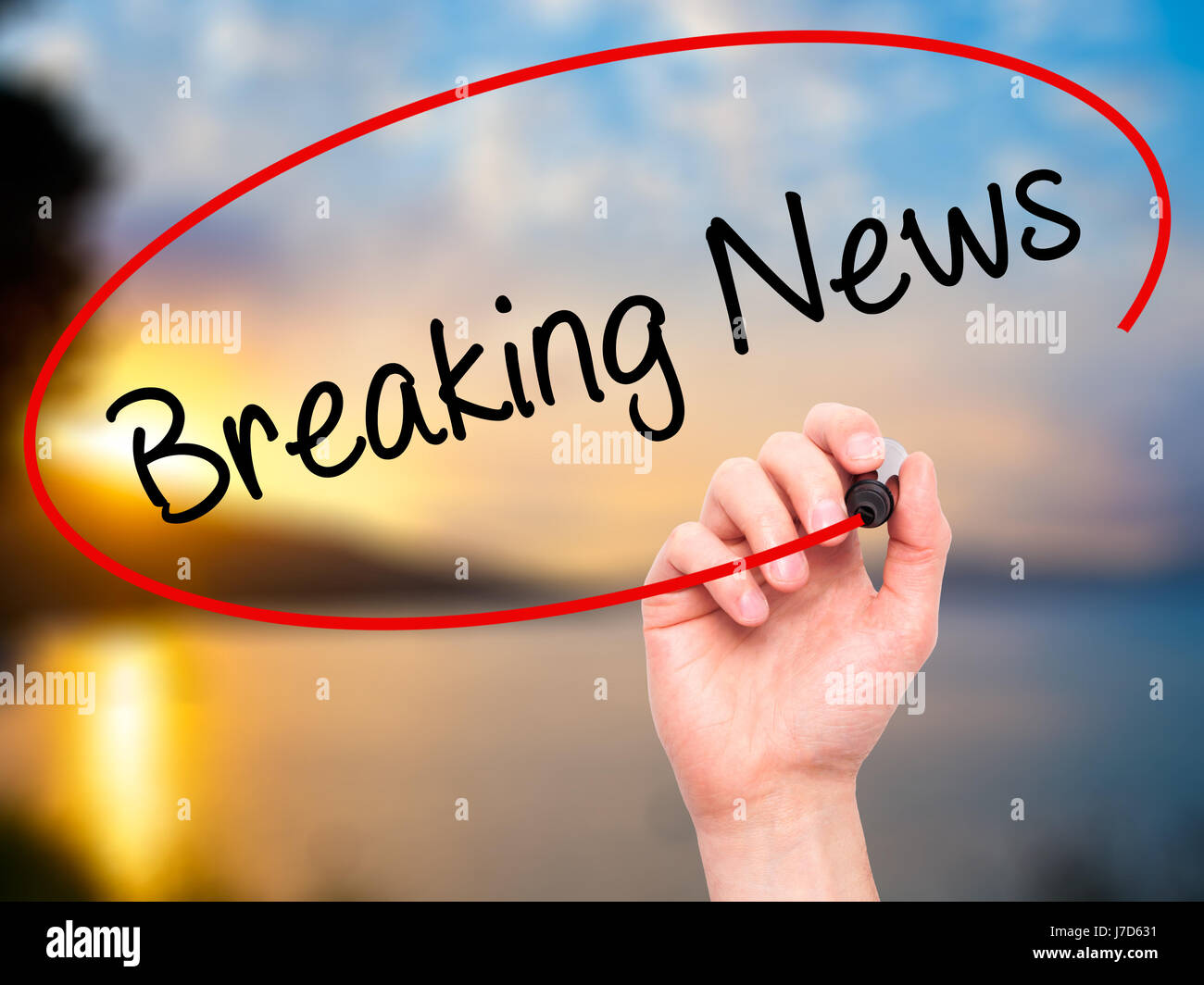 Man Hand writing Breaking News with black marker on visual screen ...