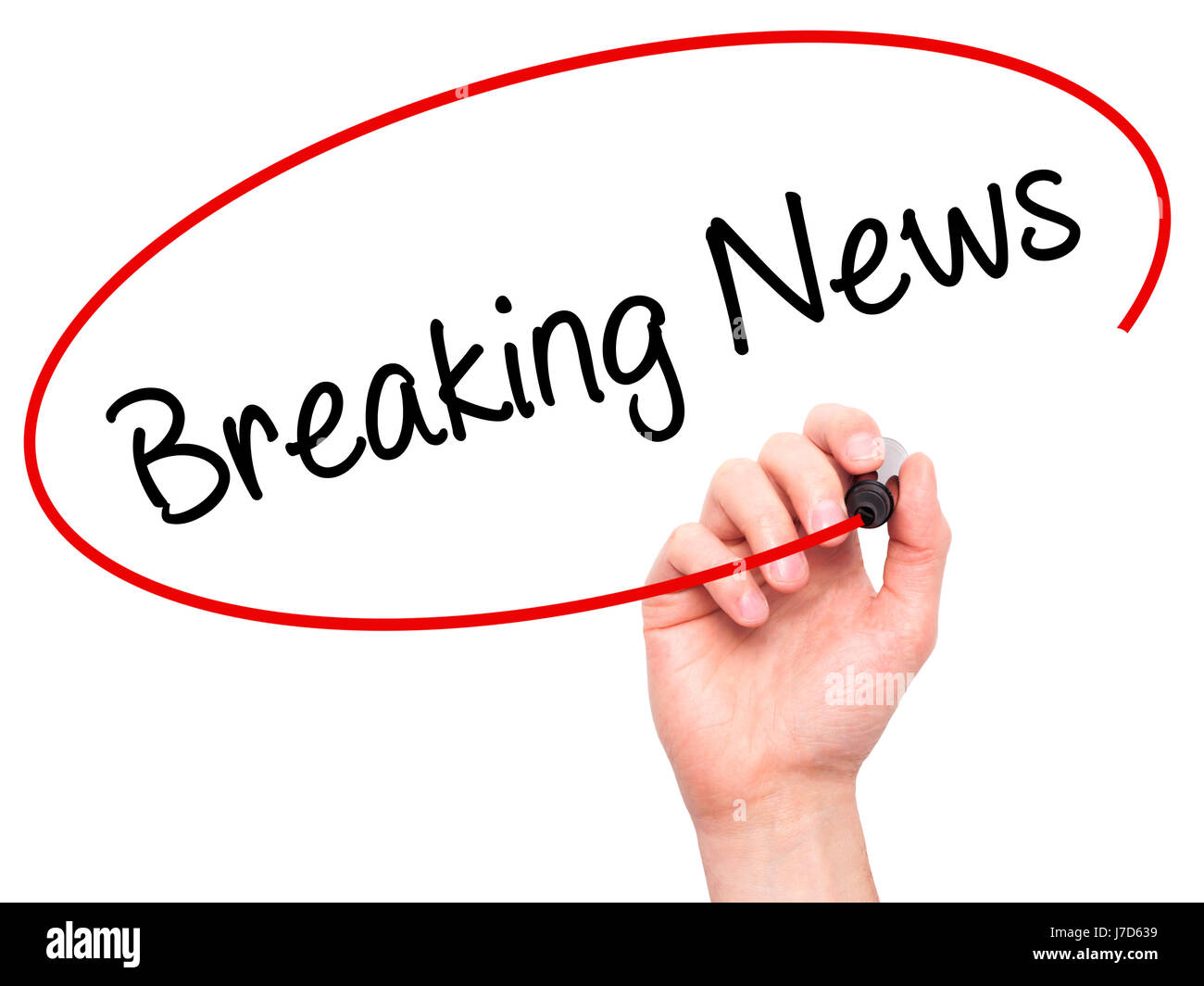 Man Hand writing Breaking News with black marker on visual screen ...