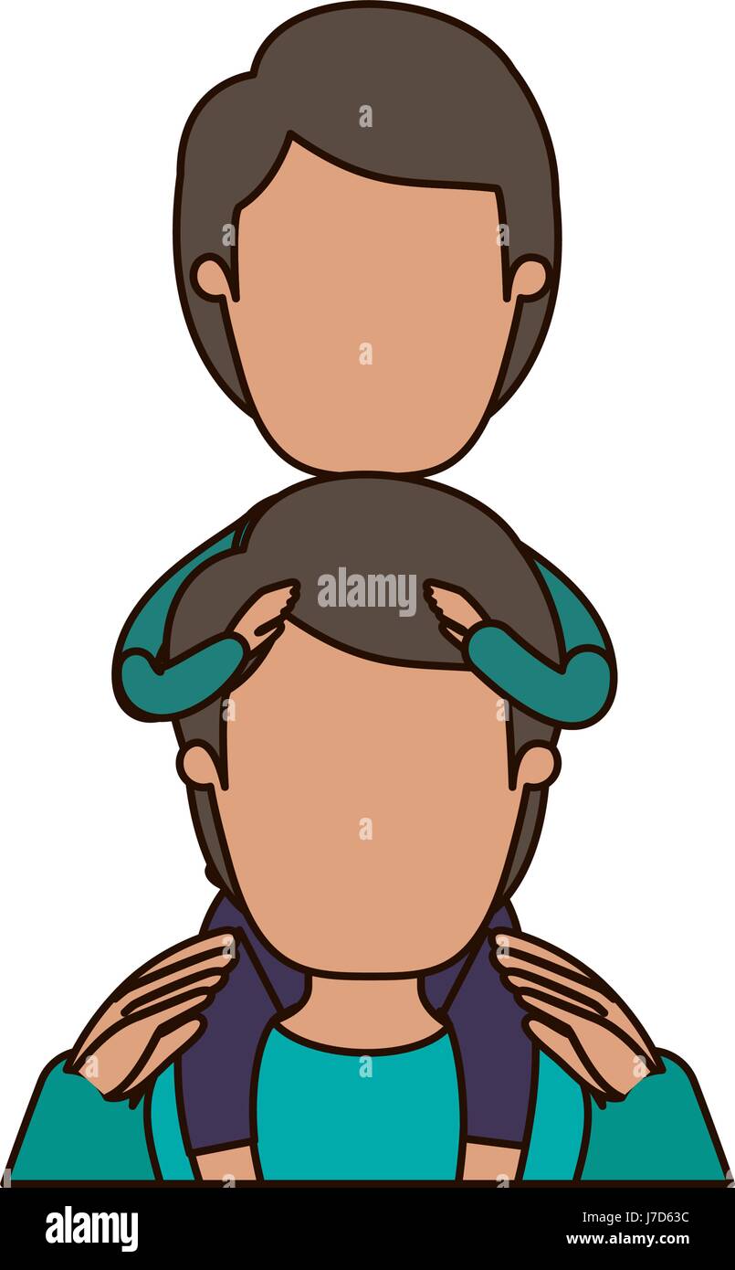 colorful caricature faceless front view half body young father with boy ...