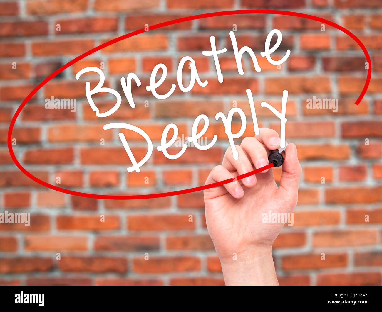 Man Hand writing Breathe Deeply with black marker on visual screen ...