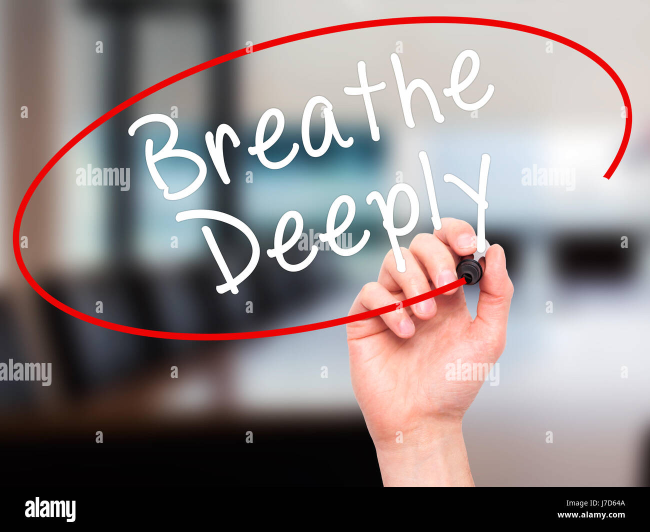 Man Hand writing Breathe Deeply with black marker on visual screen ...