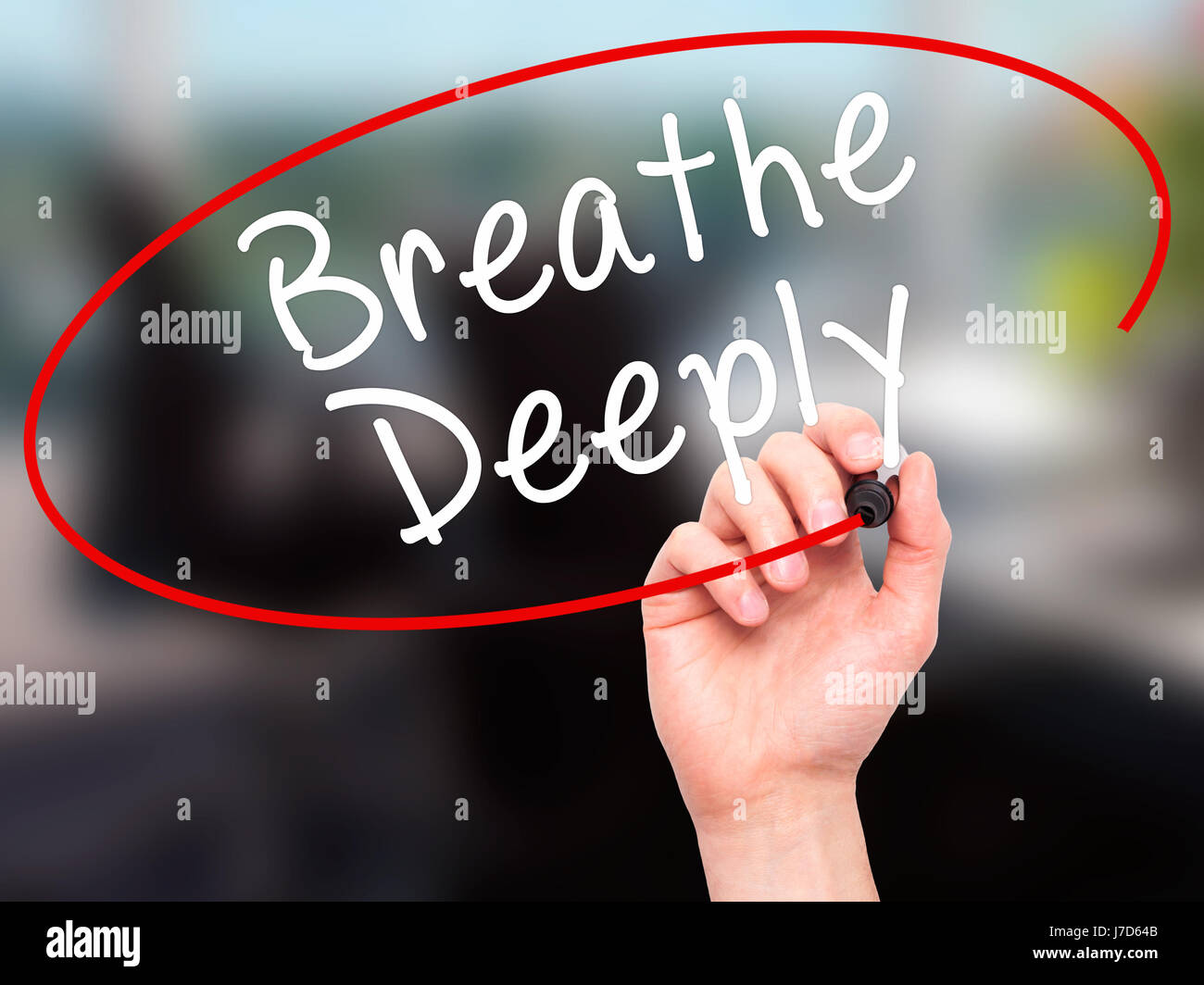 Man Hand writing Breathe Deeply with black marker on visual screen ...